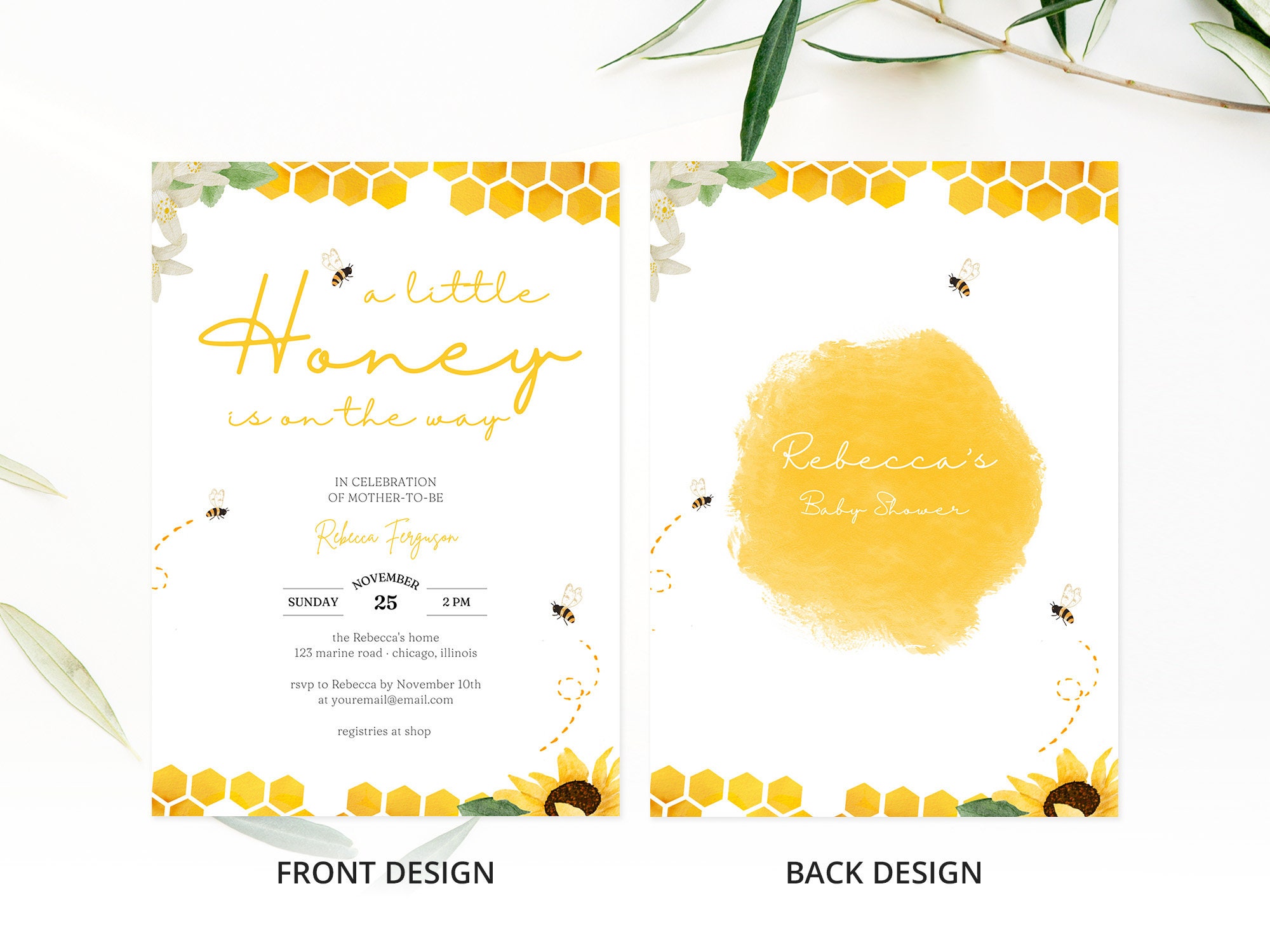 Plantilla de invitación de baby shower de abeja de miel, invitación ...