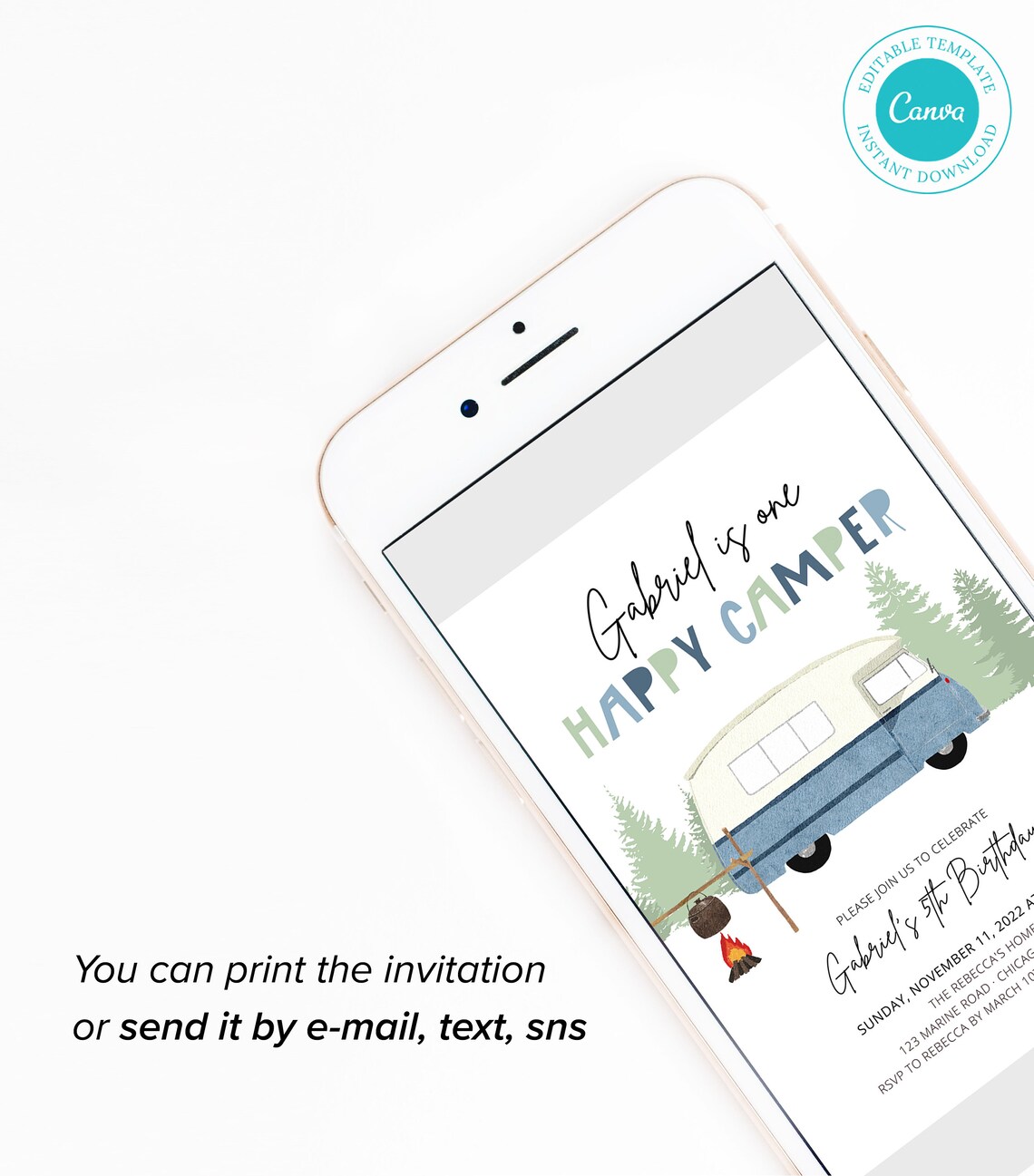 Editable Happy Camper Birthday Invitation One Happy Camper - Etsy