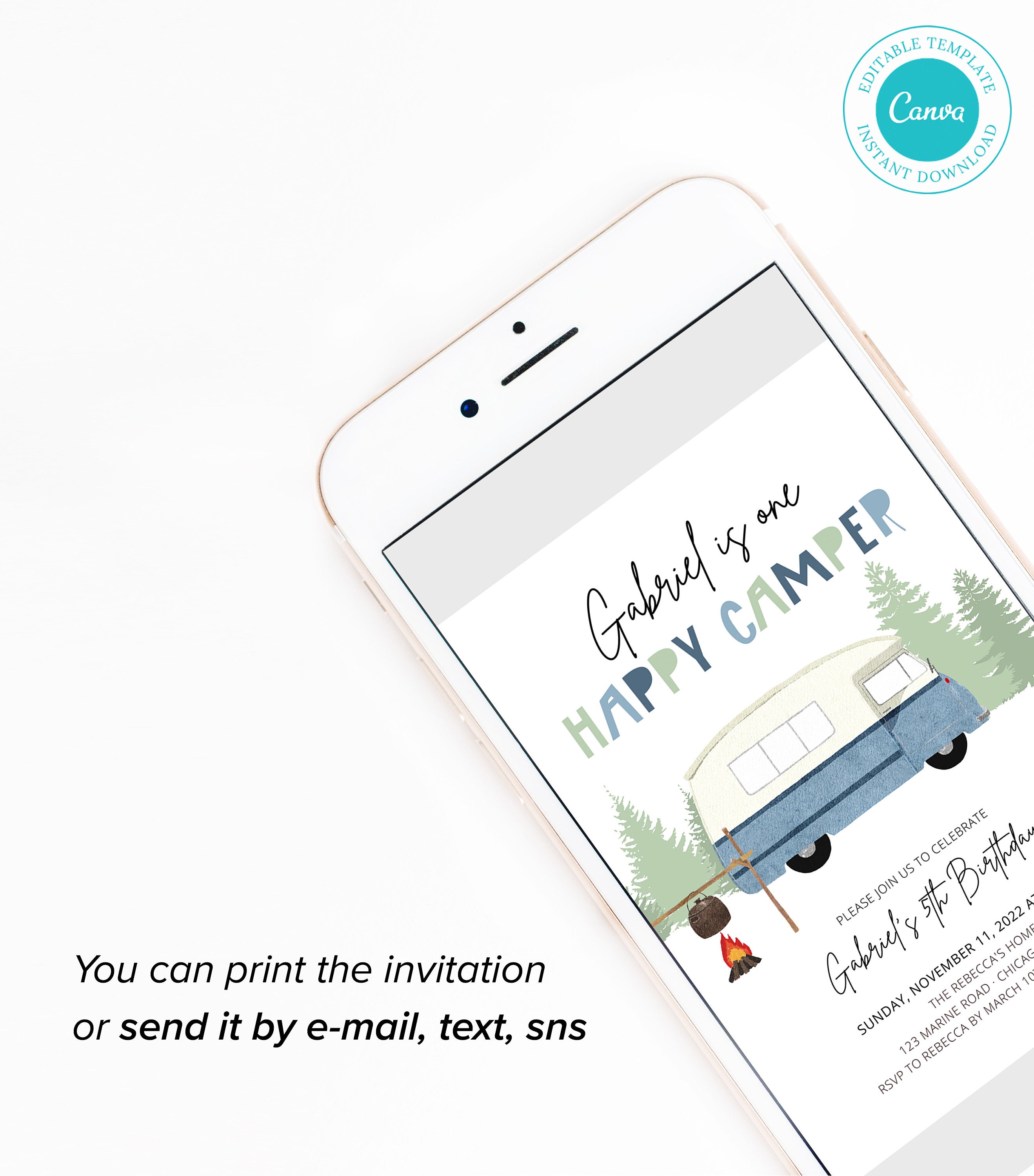 Editable Happy Camper Birthday Invitation, One Happy Camper, First ...