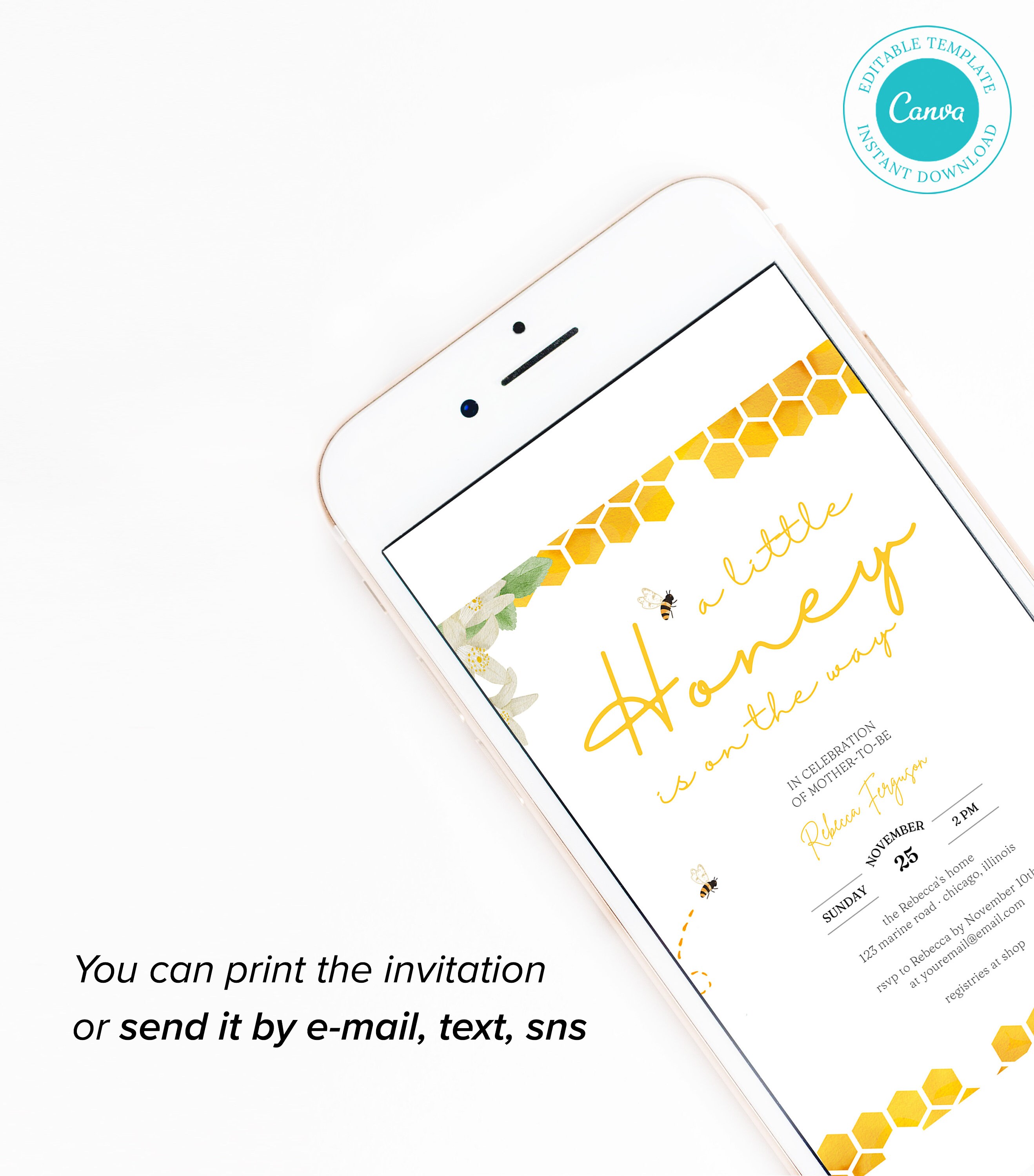 Plantilla de invitación de baby shower de abeja de miel, invitación ...