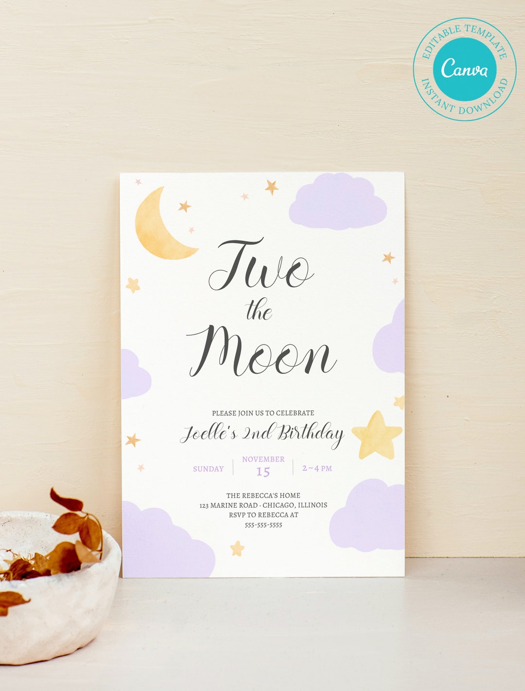 Editable Moon & Star Second Birthday Invitation, Two the Moon Invite ...