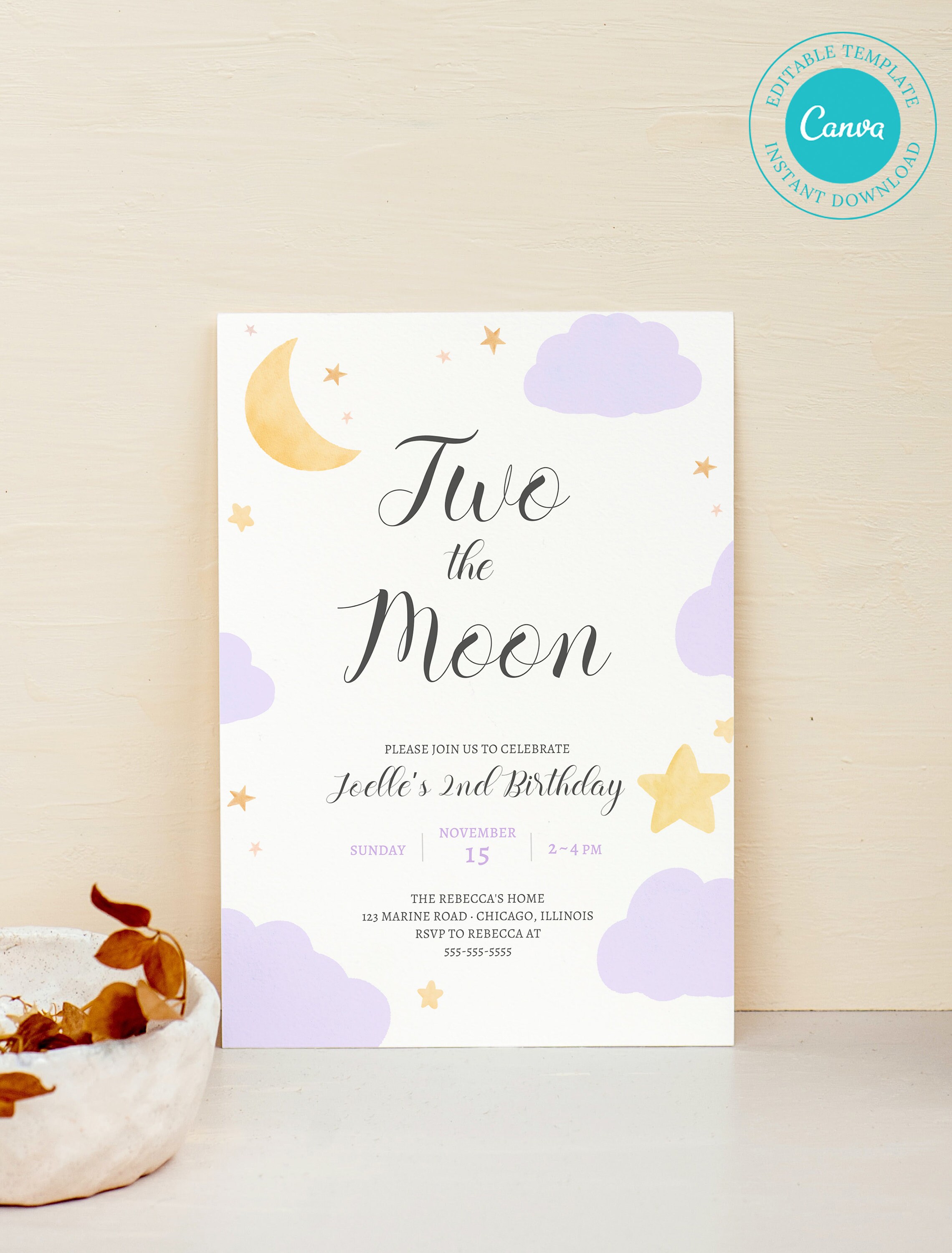 Editable Moon & Star Second Birthday Invitation, Two the Moon Invite ...