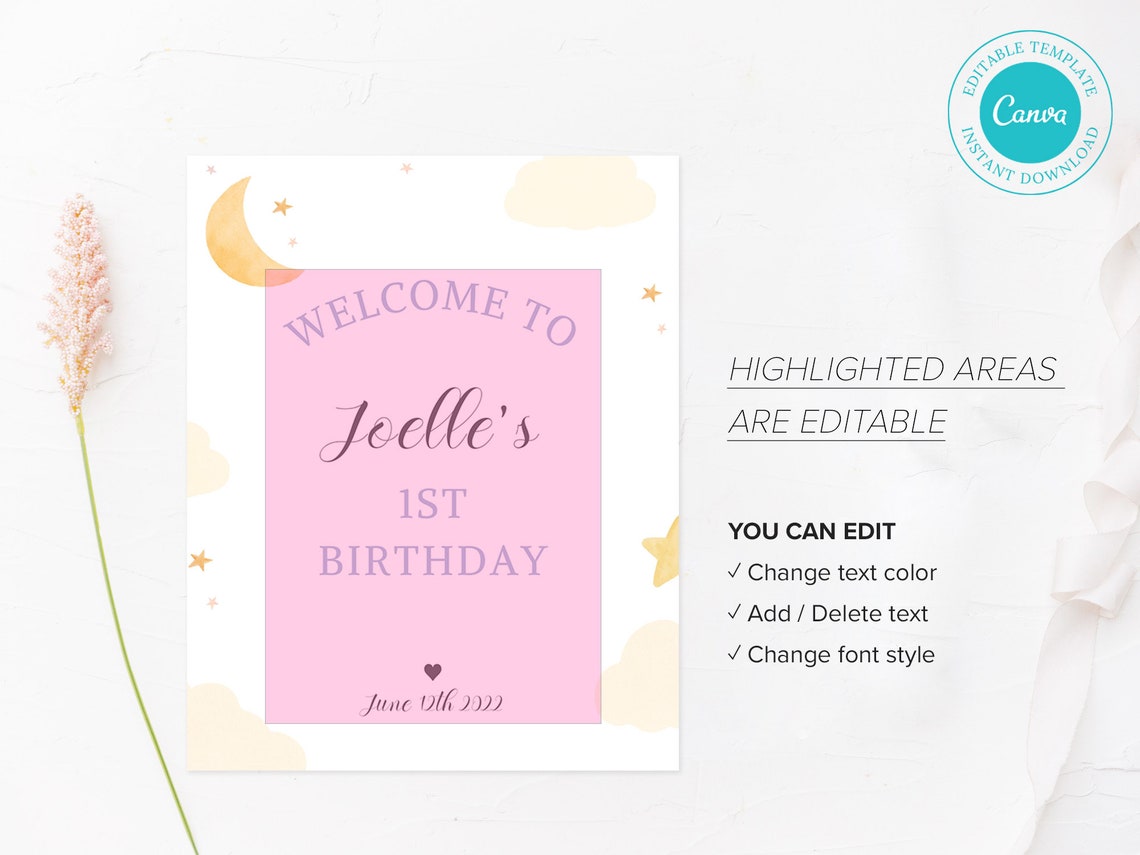 Moon & Star Birthday Welcome Sign, Printable Welcome Sign Cloud and ...