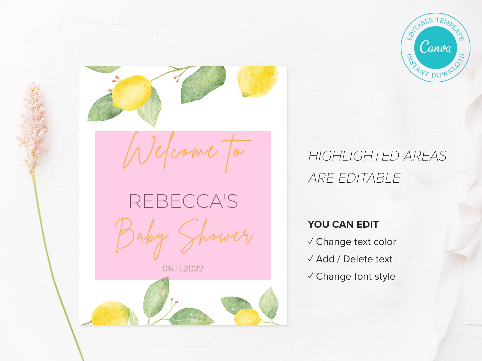 Lemon Welcome Sign, Citrus Welcome Poster, Lemon Baby Shower Decor ...