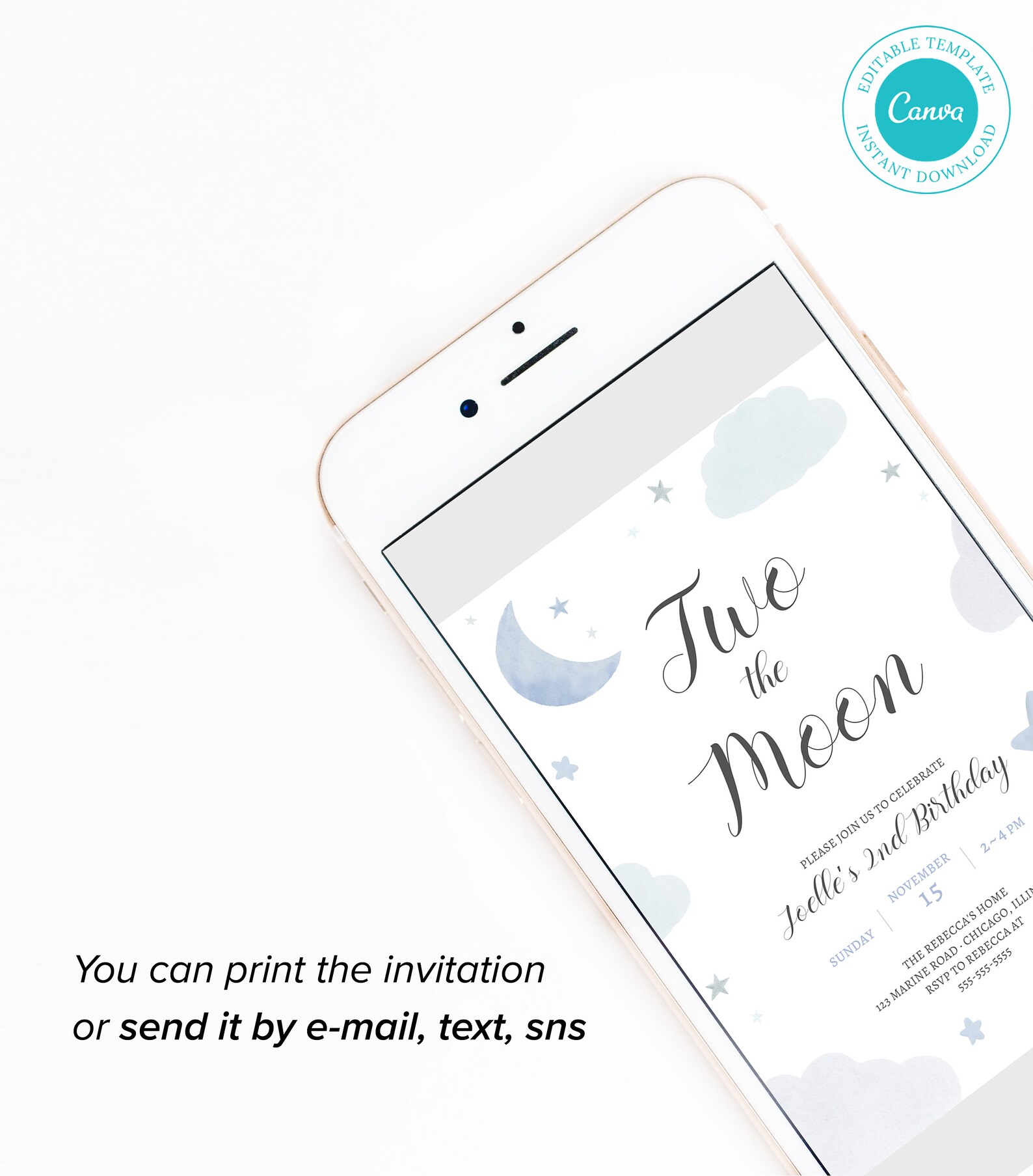 Editable Moon & Star 2nd Birthday Invitation, Two the Moon Invite ...