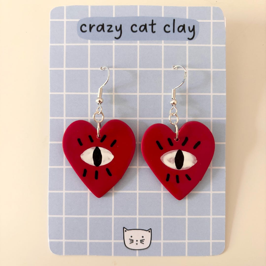 Red Heart Eye Earrings, Tattoo Style Earrings - Etsy