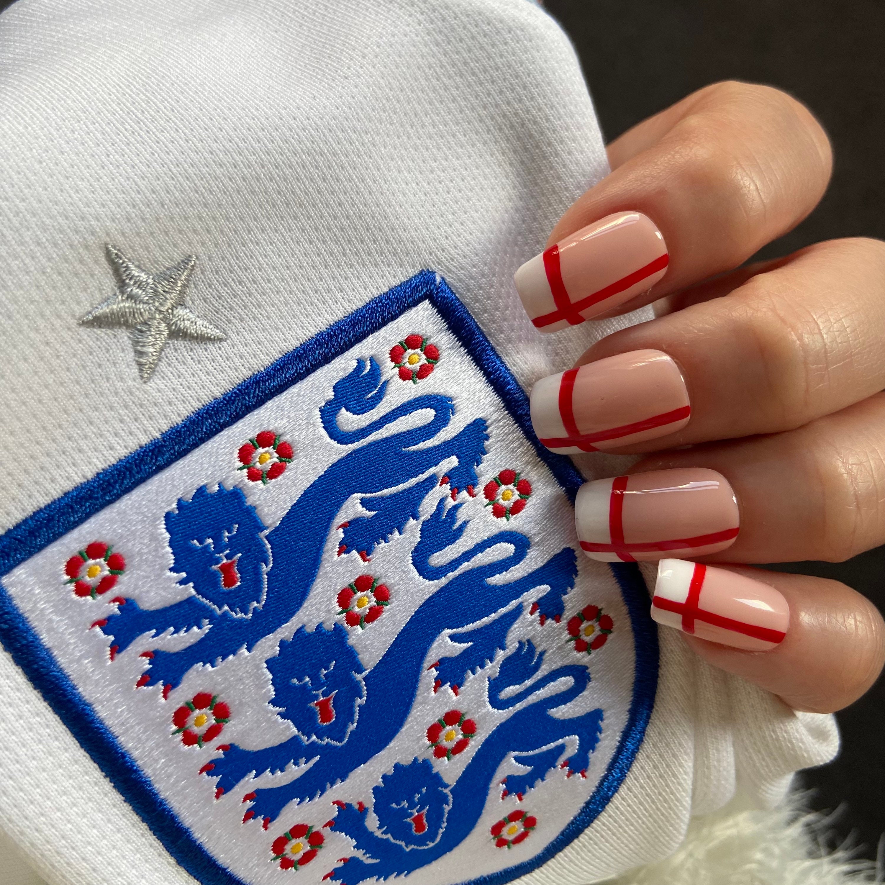 England Flag French Manicure Hand Painted Press on Nails, Medium Square ...