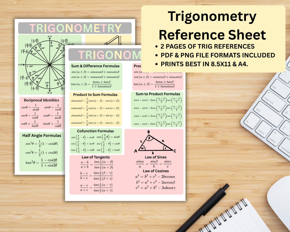 Trigonometry Reference Sheets - Etsy