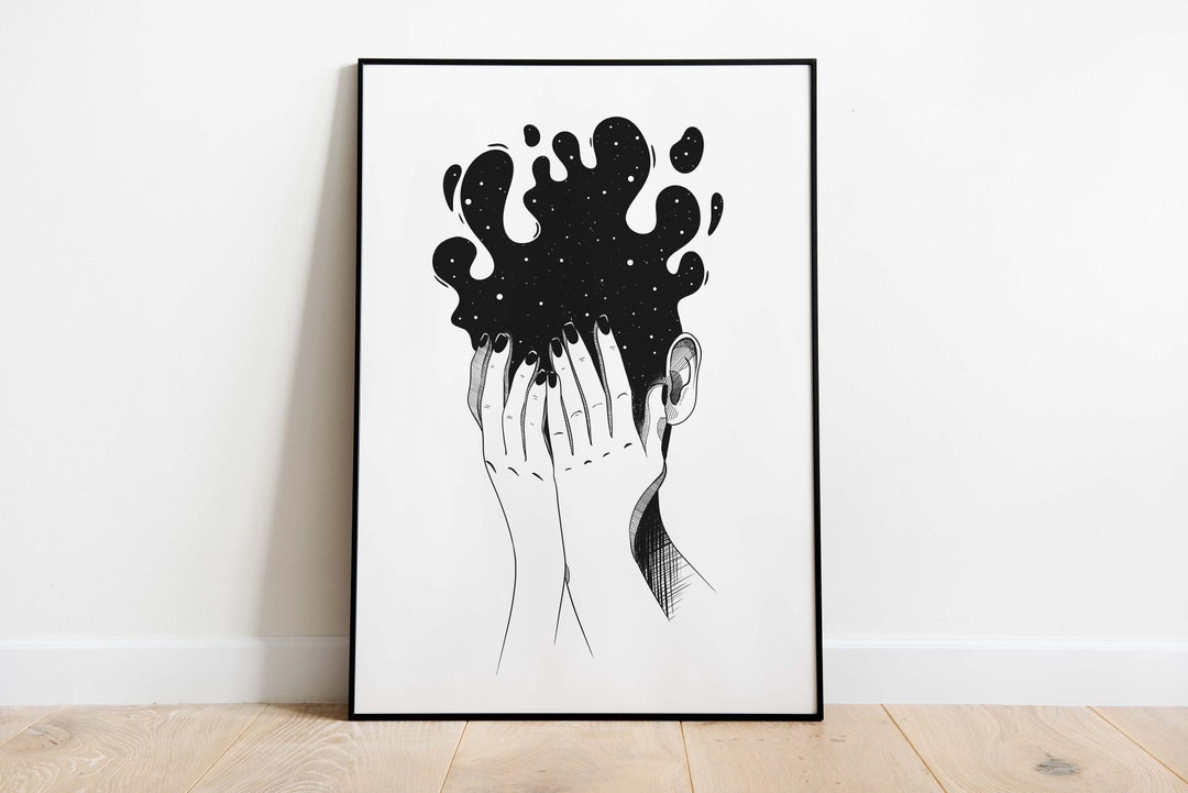 Ink Illustration Overthinking Black and White Drawing Emotional ...