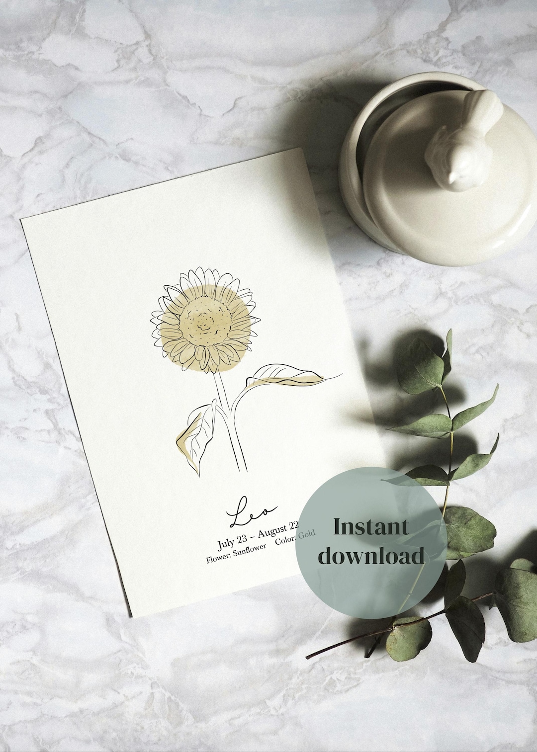 Simple Leo Art Print, Floral Leo Drawing, Modern Digital Artwork ...