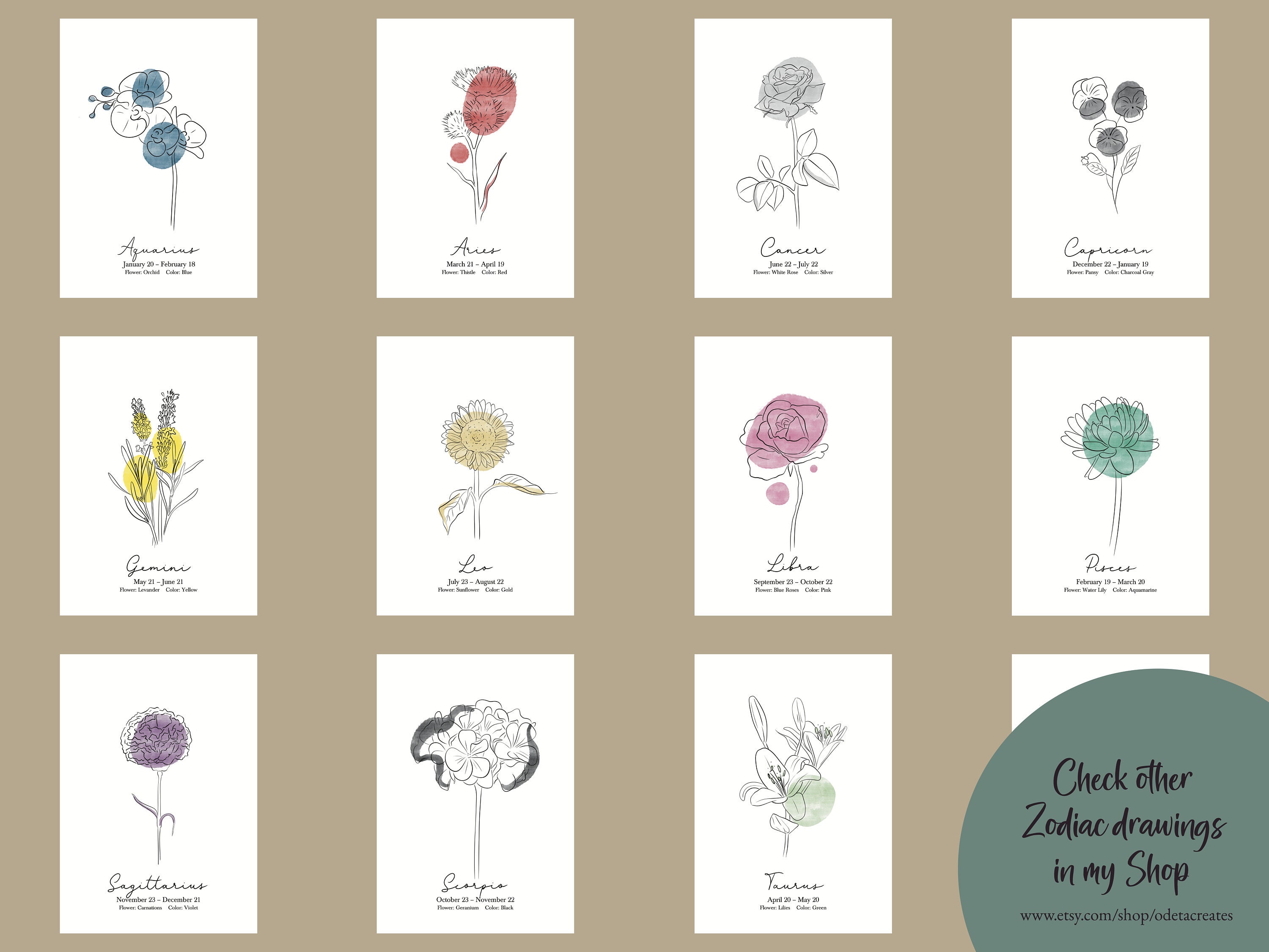 Libra Printable Artwork Downloadable Zodiac Drawing Floral - Etsy