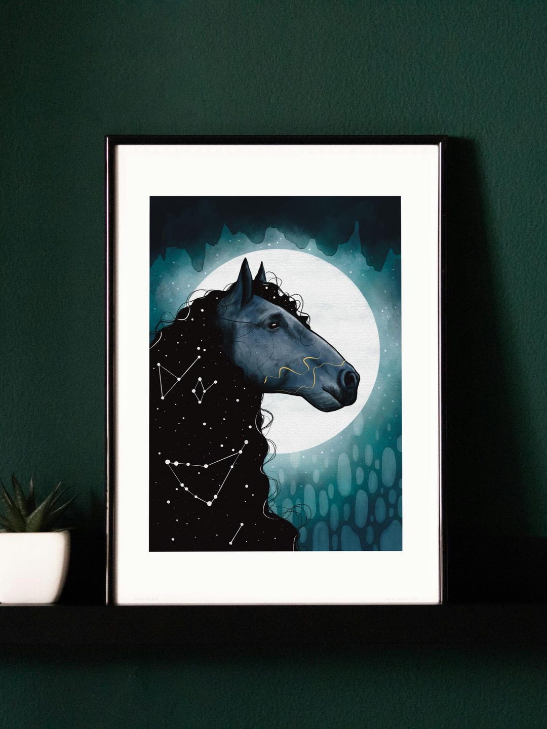 Surreal Horse Print, A4 Black Stallion Poster, Dark Interior Artwork ...