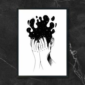 Ink Illustration Overthinking Black and White Drawing - Etsy