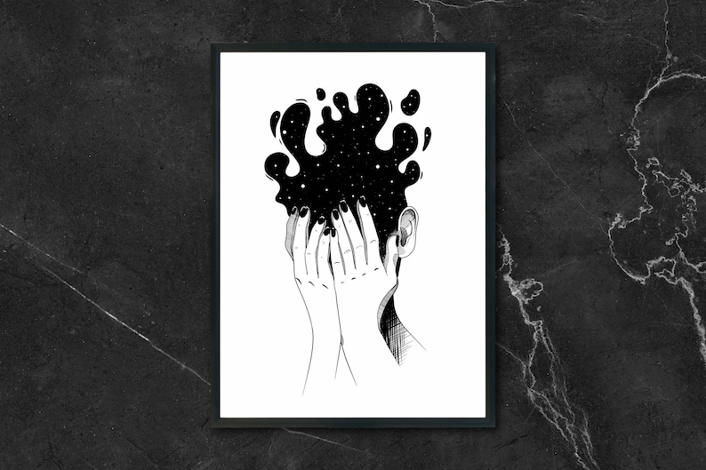 Ink Illustration Overthinking Black and White Drawing - Etsy