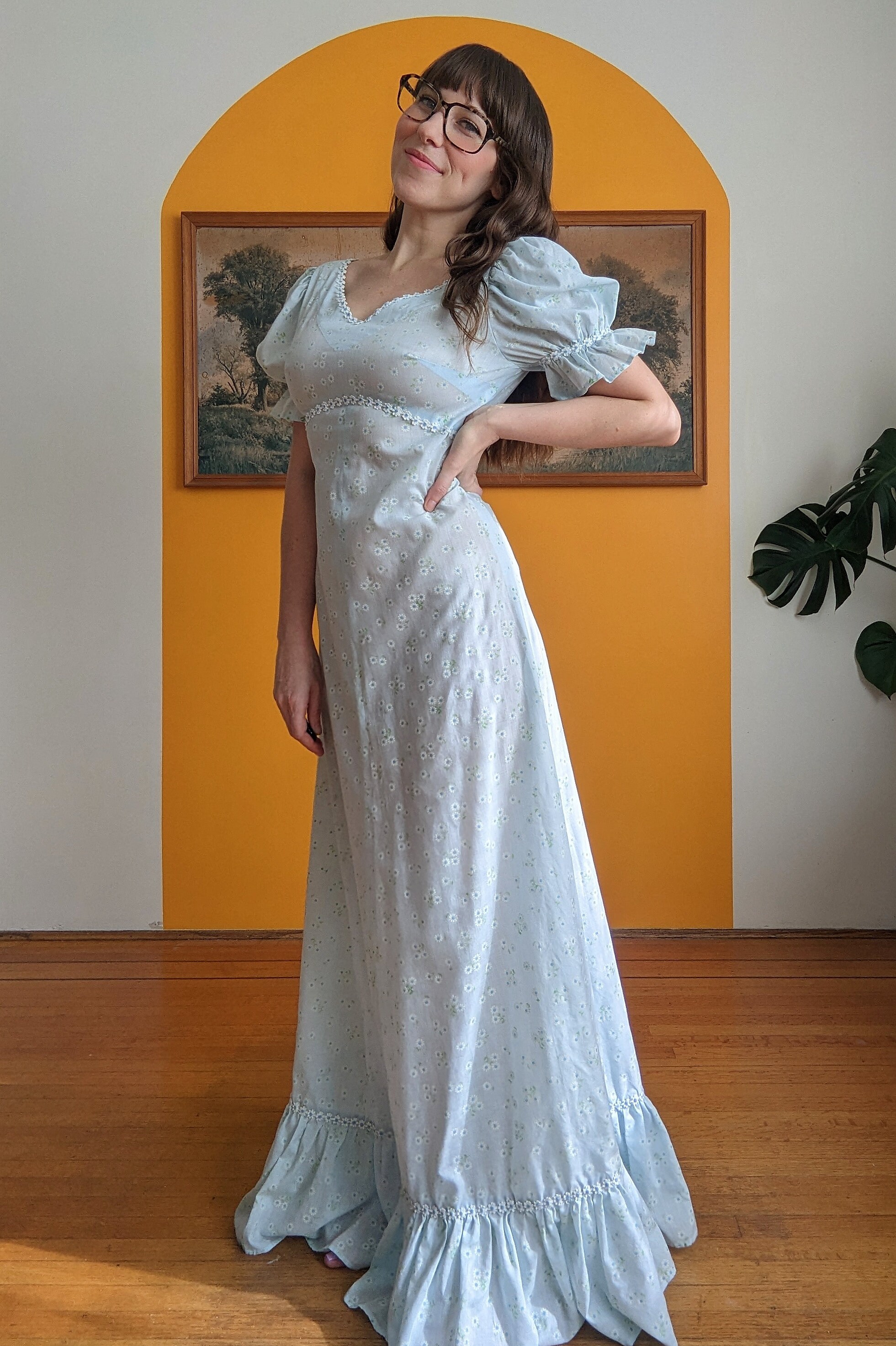 Vintage 70s Floral Maxi Dress in Baby Blue With Puff Sleeves and Daisy ...