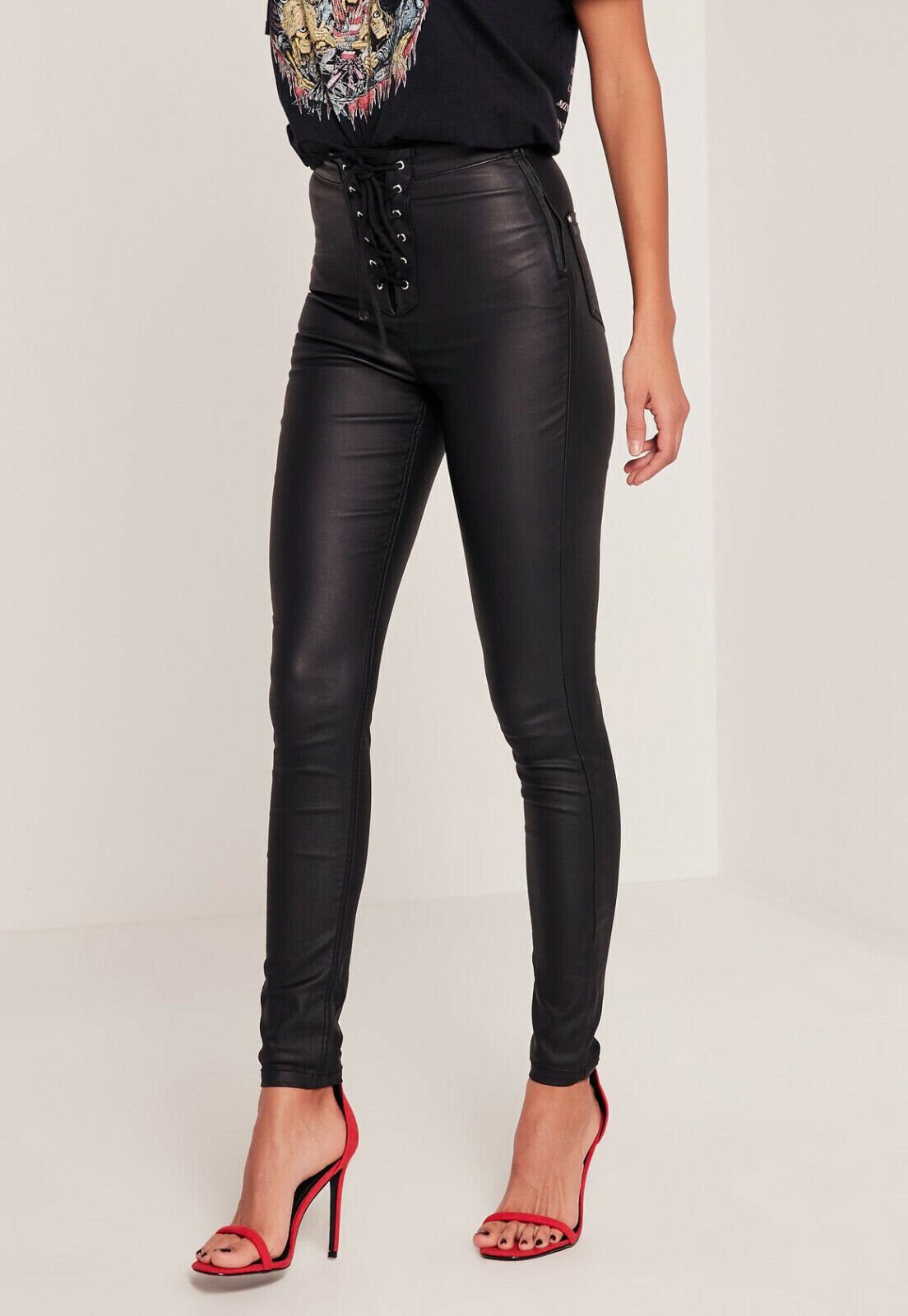 Women's 100% Genuine Lambskin Stretched Leather Skinny Fit Lace up ...