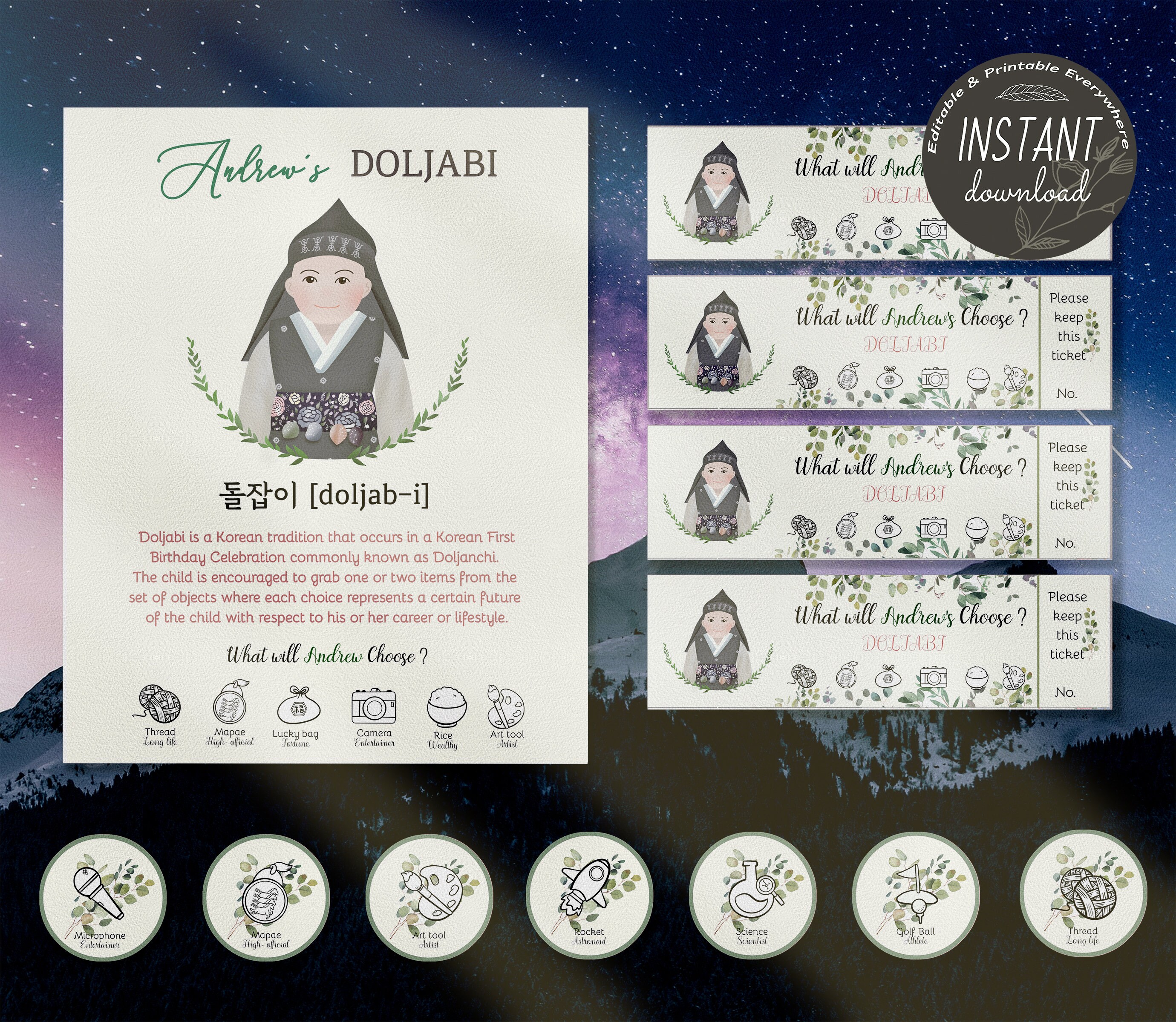 Editable Doljabi Kit No.10 Hand Drawing Hanbok Boy | Doljanchi Set 1st ...