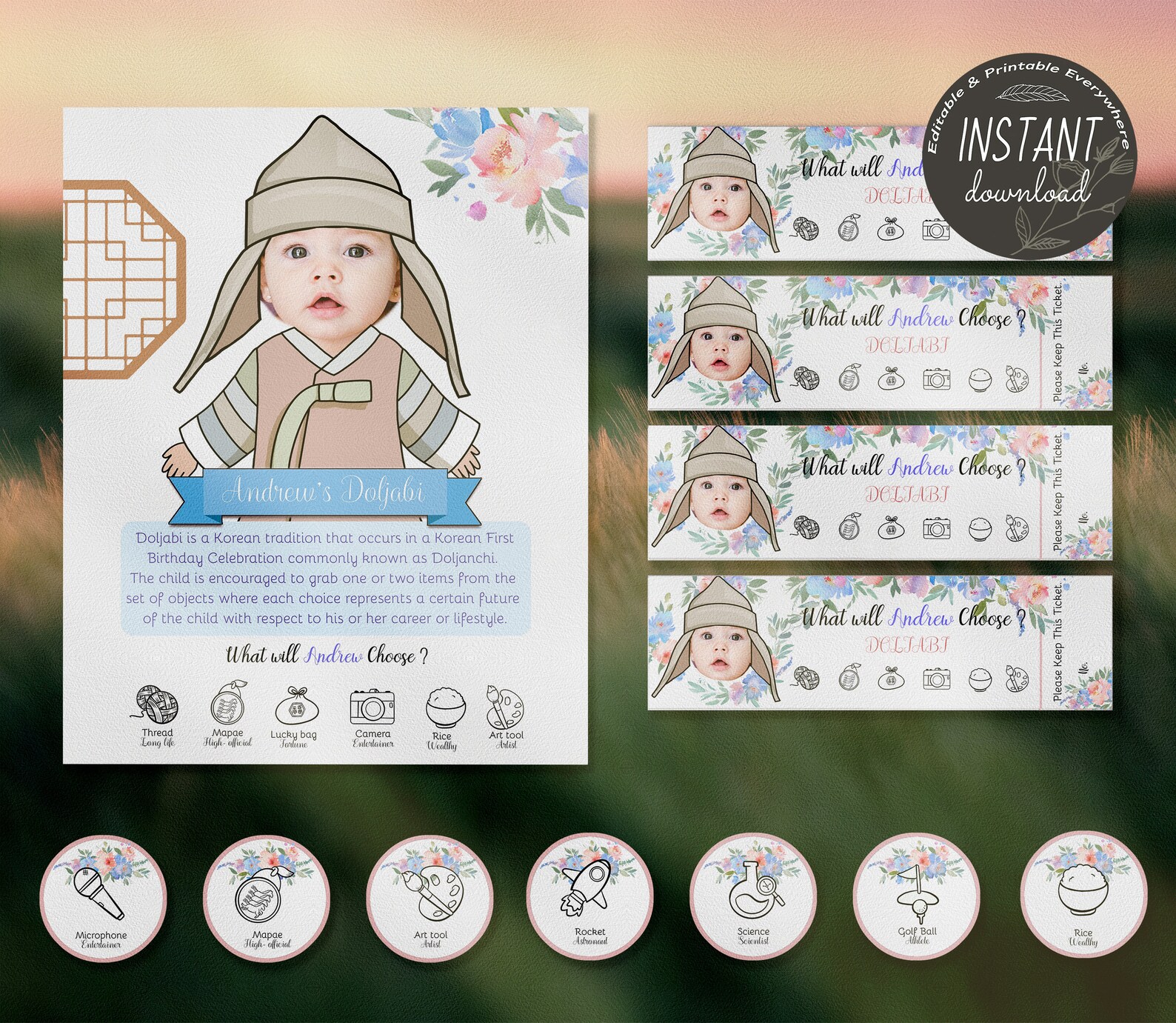 Editable Doljabi Kit No.5 Hanbok Boy | Doljanchi Set 1st Birthday Party ...