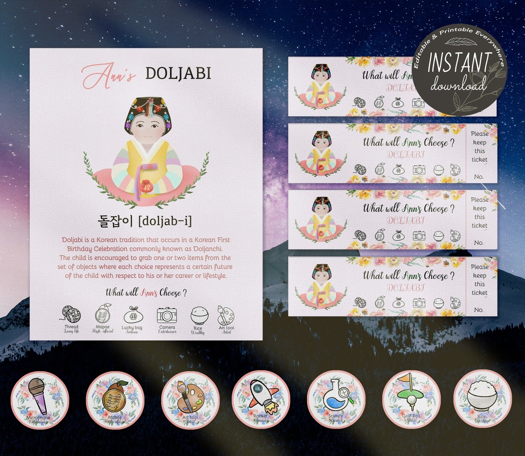 Editable Doljabi Kit No.11 Hand Drawing Hanbok Girl | Doljanchi Set 1st ...