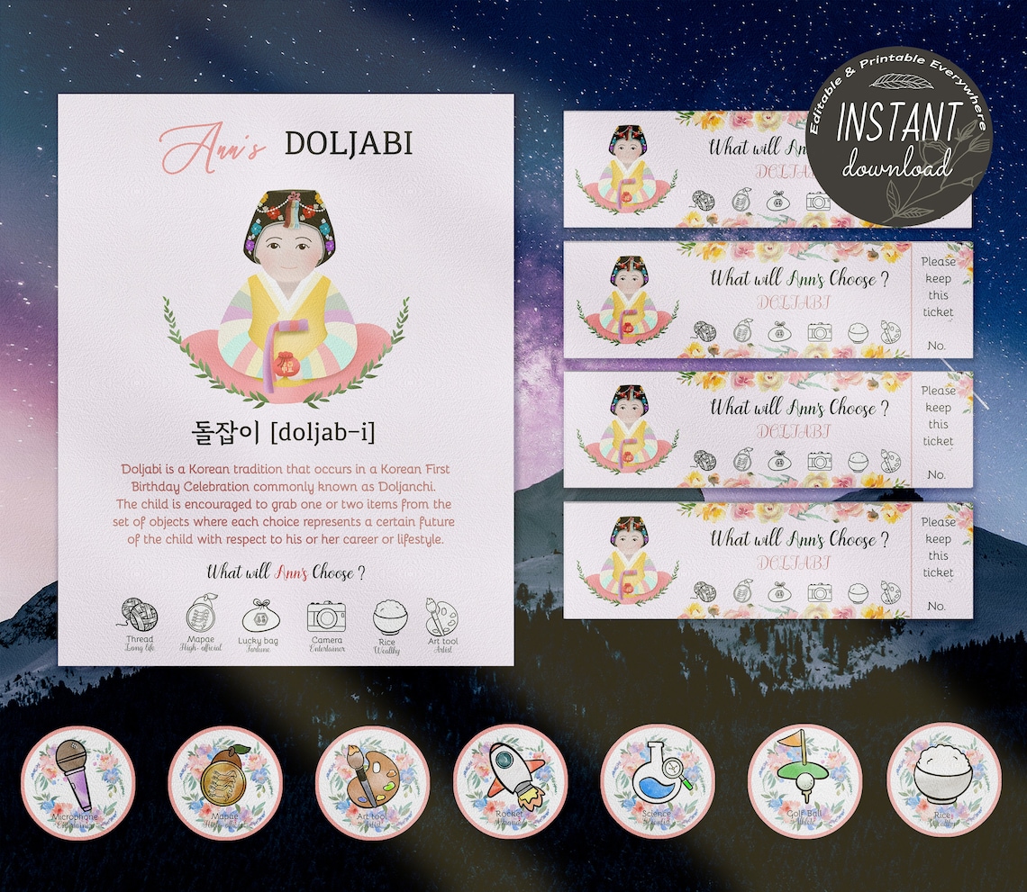 Editable Doljabi Kit No.11 Hand Drawing Hanbok Girl Doljanchi Set 1st ...