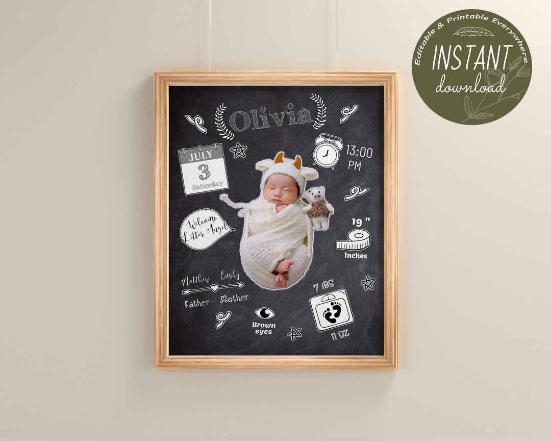 Editable Newborn Baby Birth Board 1st Birthday Board Digital Birth ...