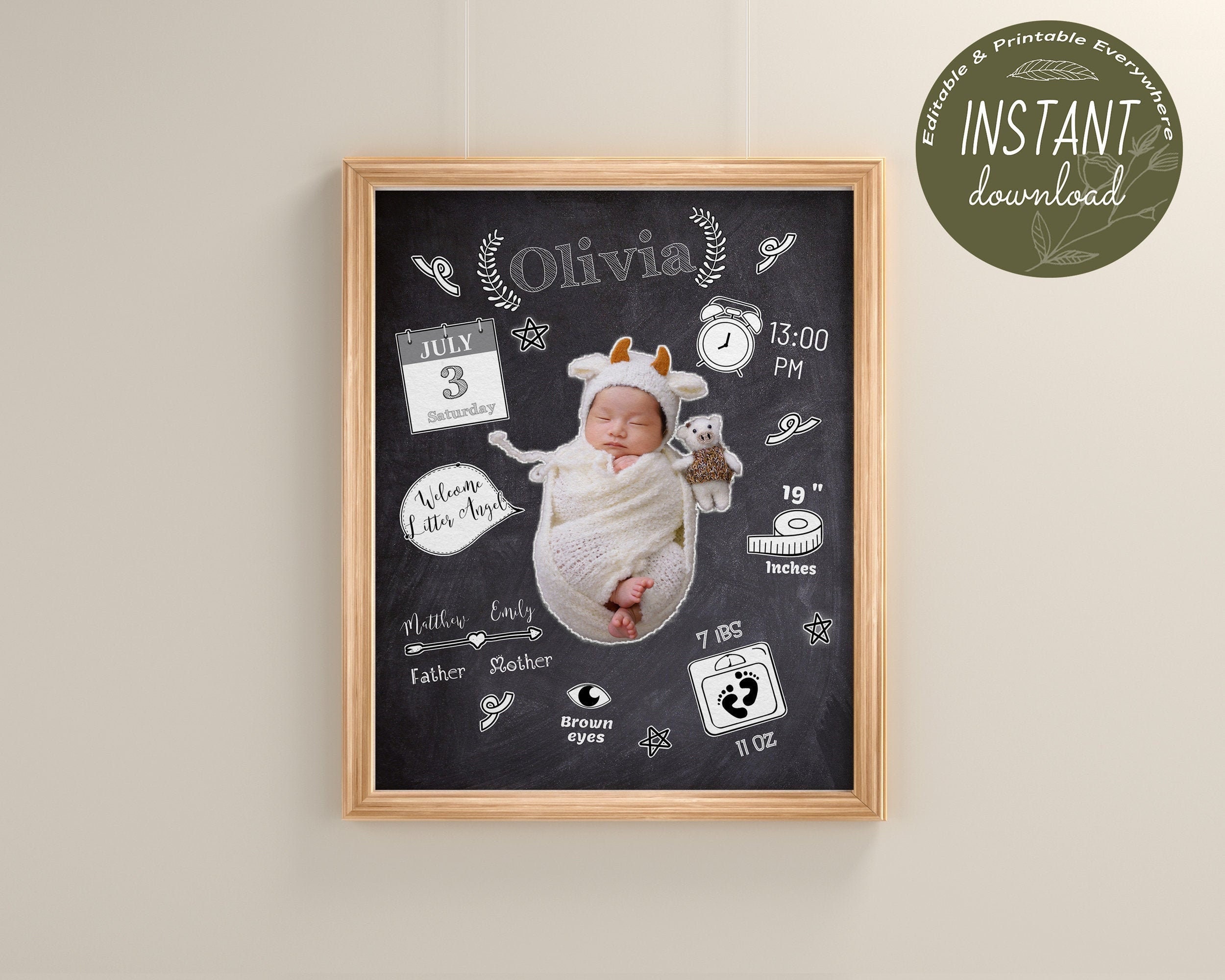 Editable Newborn Baby Birth Board 1st Birthday Board Digital Birth ...