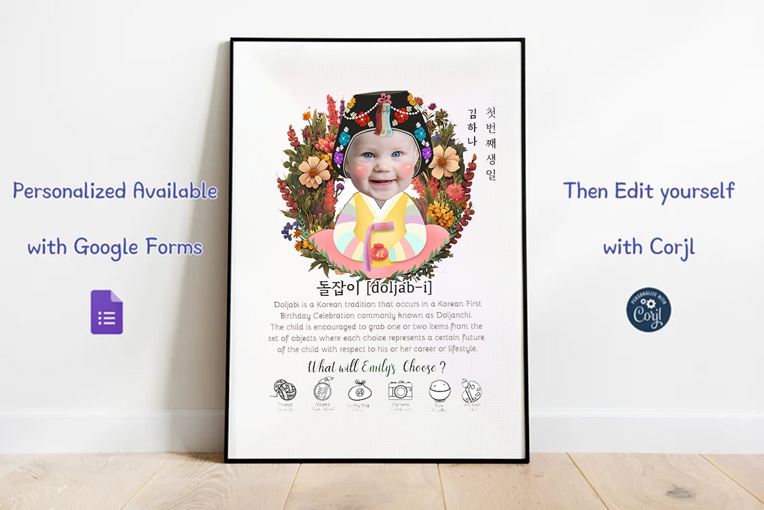 Editable Doljabi Board No.12 Hanbok Boy | Doljanchi Board 1st Birthday ...