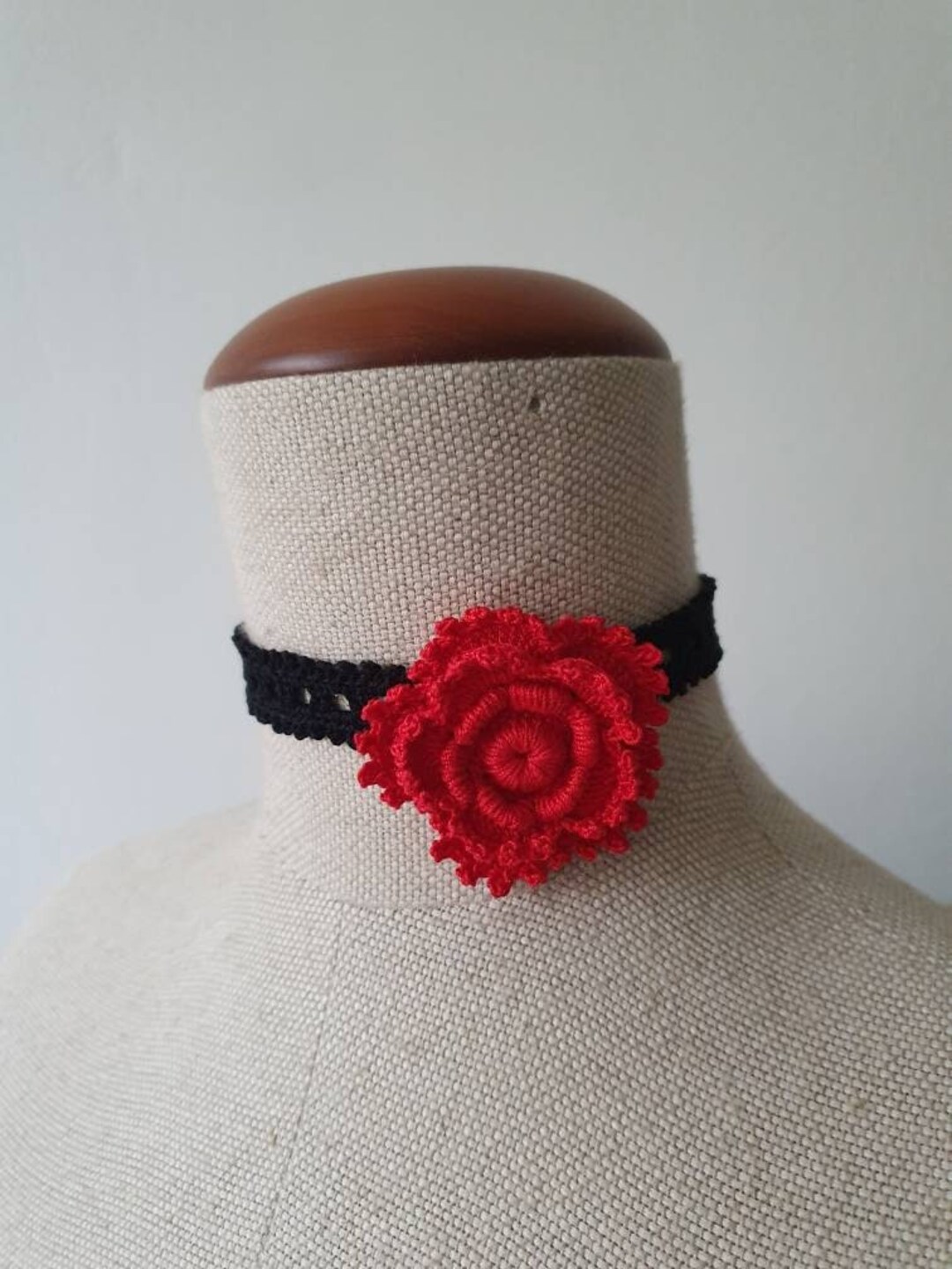 Black Crochet Choker With Irish Crochet Red Rose, Black Choker With ...