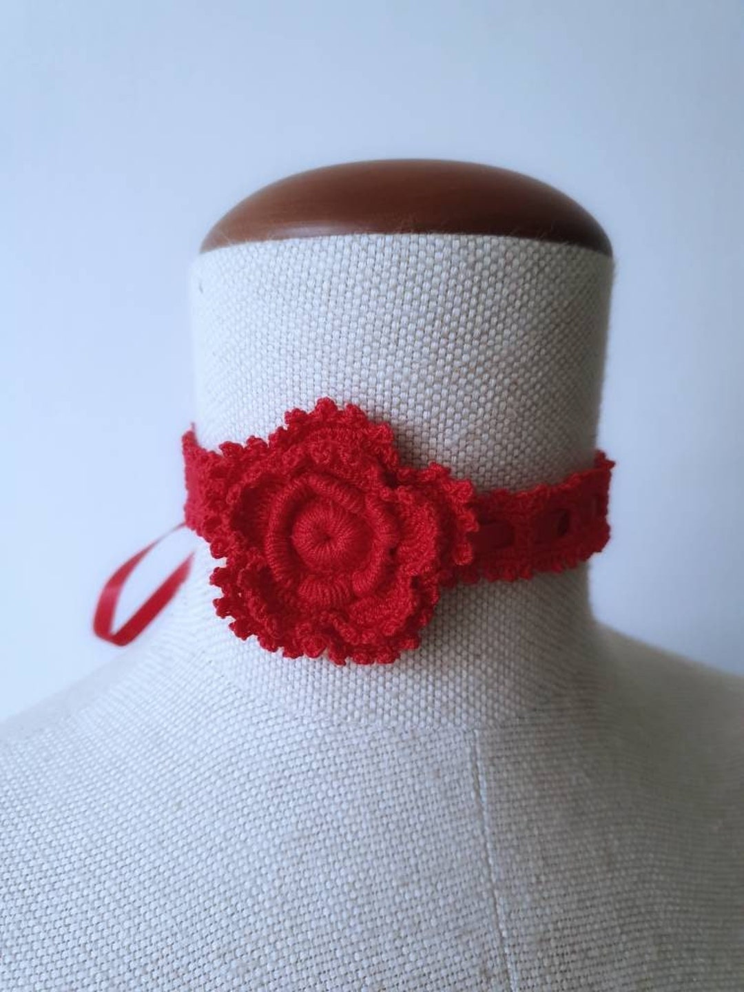 Red Crochet Choker With Irish Crochet Rose and Satin Ribbon - Etsy