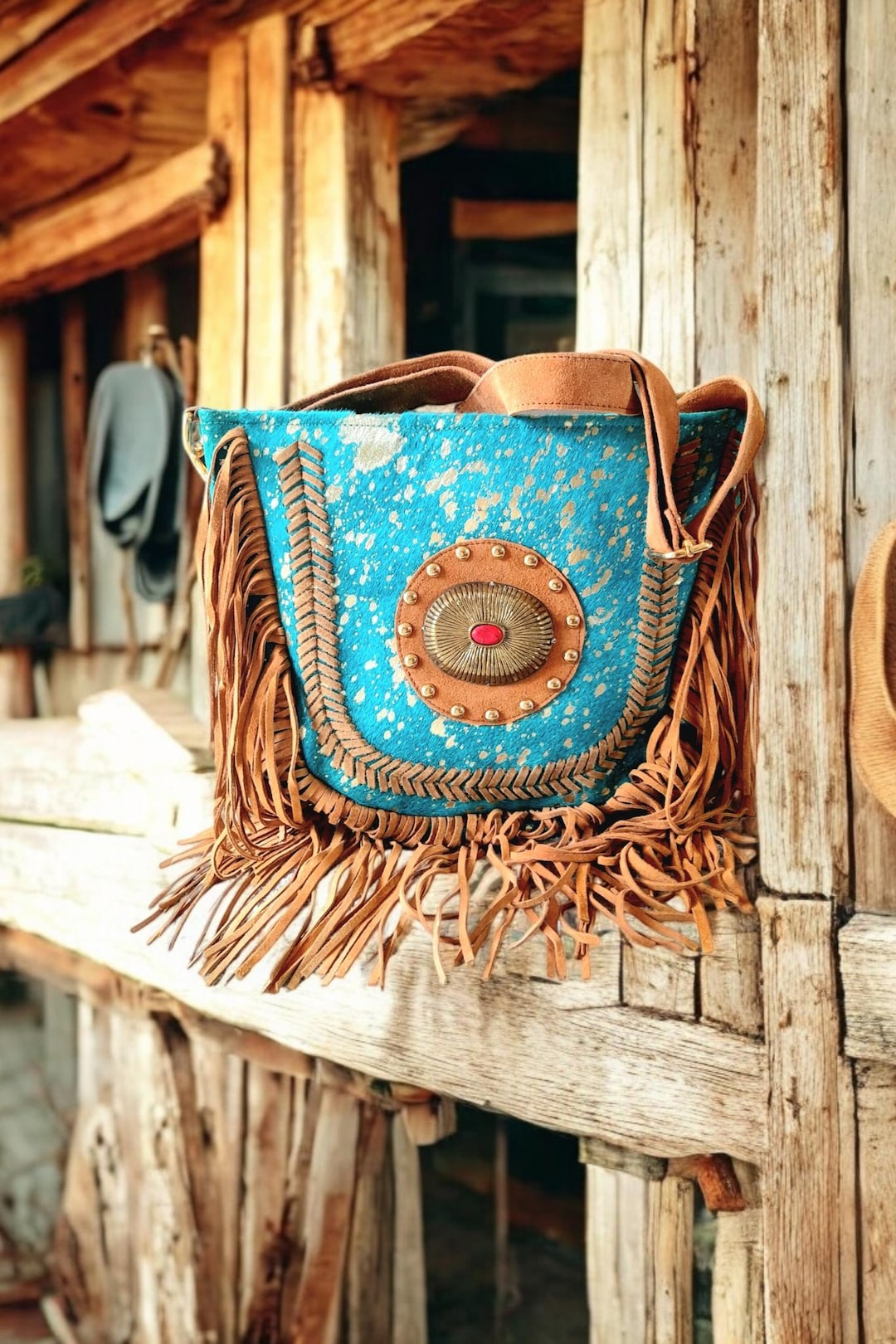 Retro Turquoise Bag, Sky Blue Leather Handbag With Fringe, Cowgirl ...