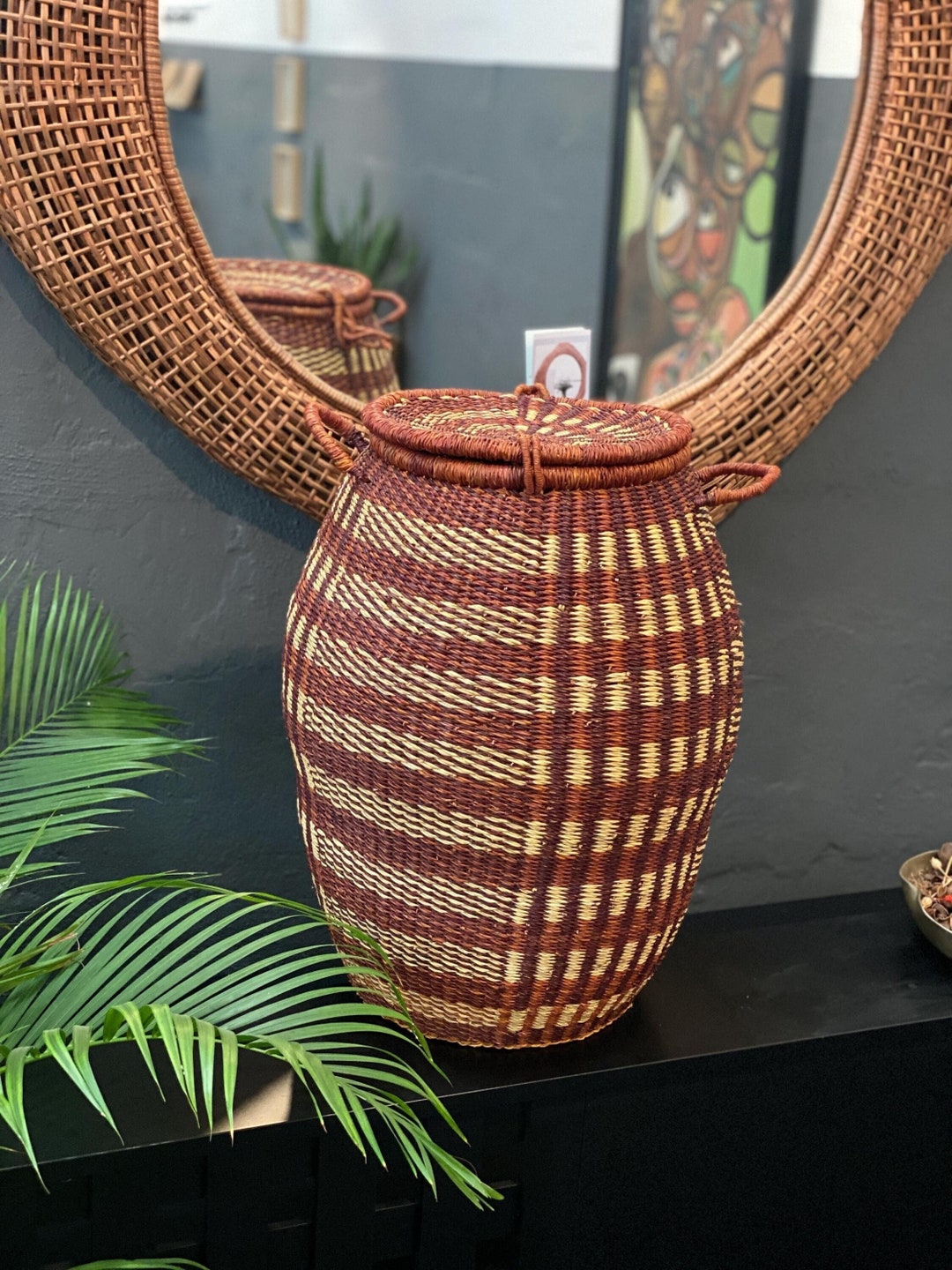 Hand Woven Basket With Lid, African Storage Basket, Natural Woven ...