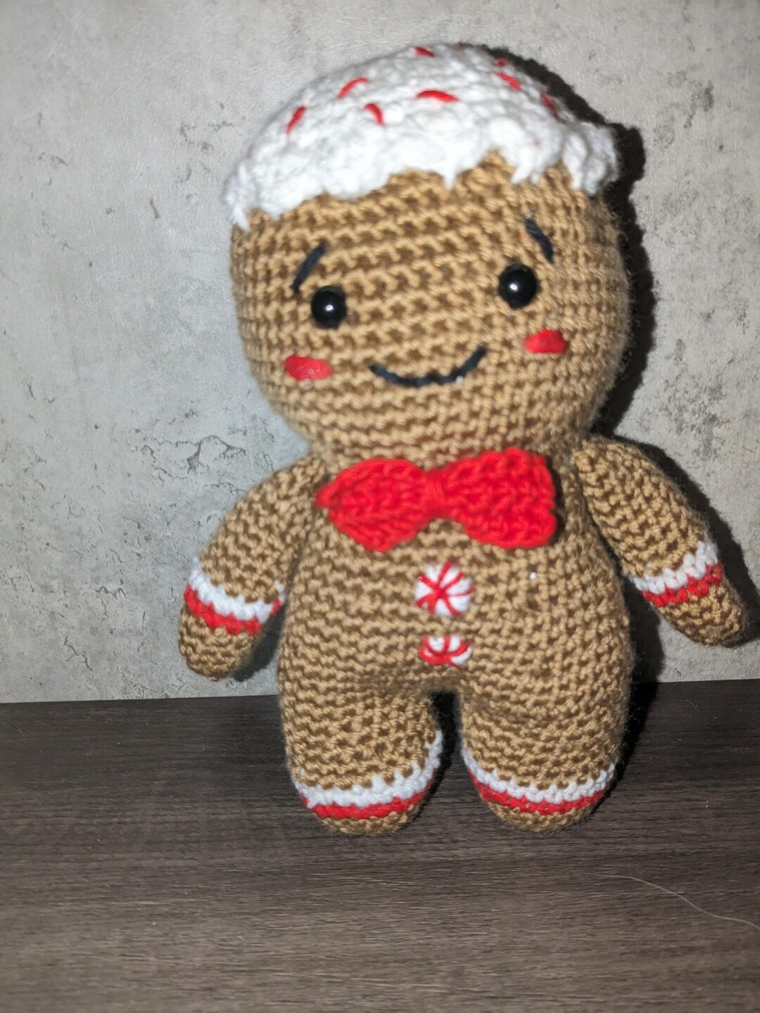 9 Tall Crochet Gingerbread Man Stuffed Toy With White Icing Cap, Red ...