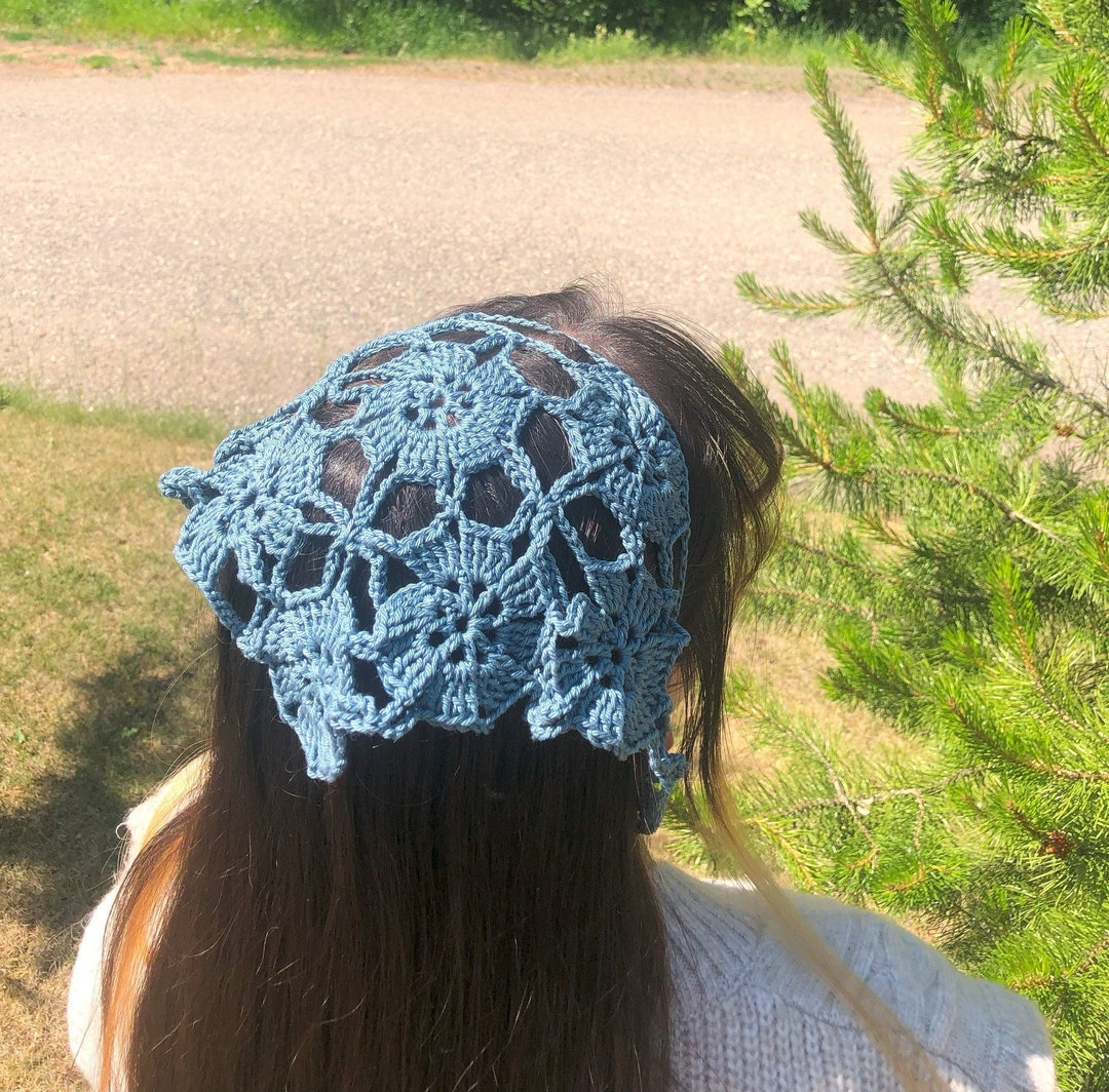 Handmade Crochet Wildflower Bandana | Blue Cotton Flower Bandana ...