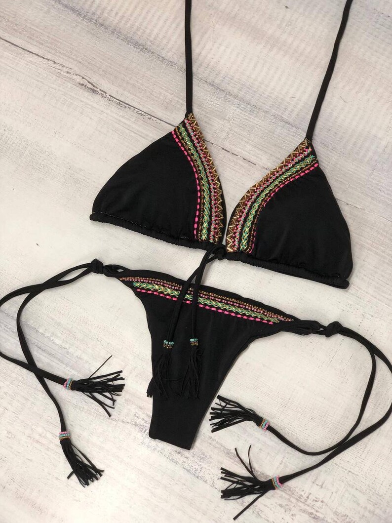 Black Hand Made Beaded Thong Bikini - Etsy