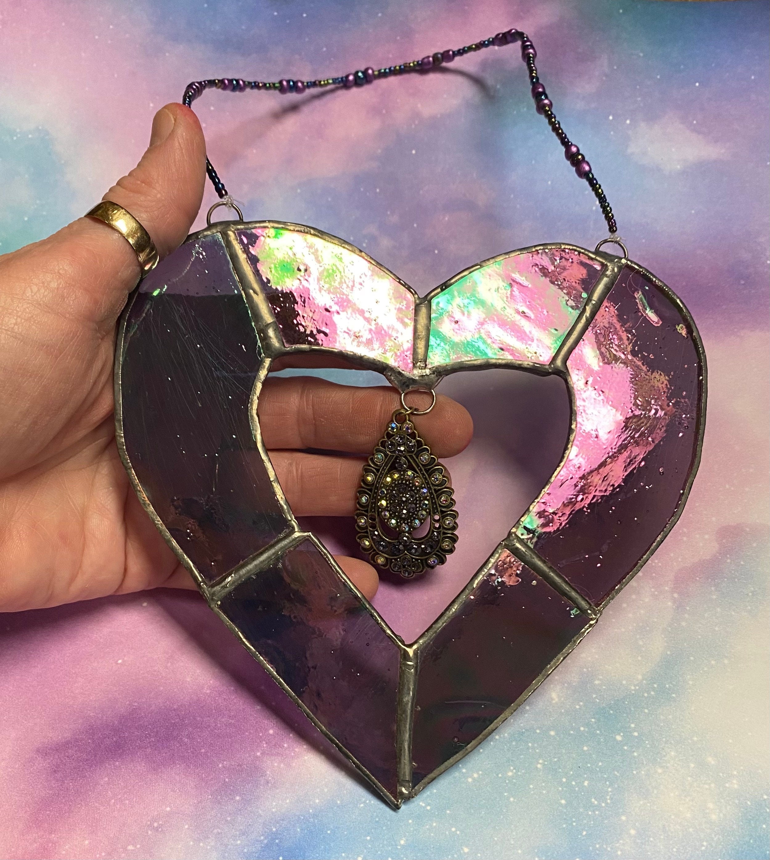 Purple Heart Stained Glass Sun Catcher With Iridescent Jeweled Metal ...