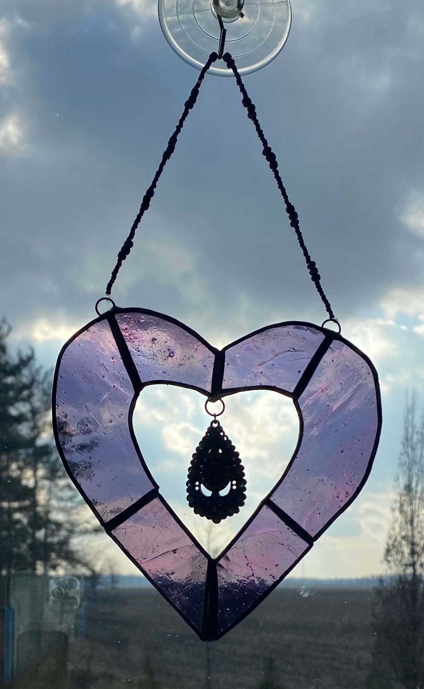 Purple Heart Stained Glass Sun Catcher With Iridescent Jeweled Metal ...