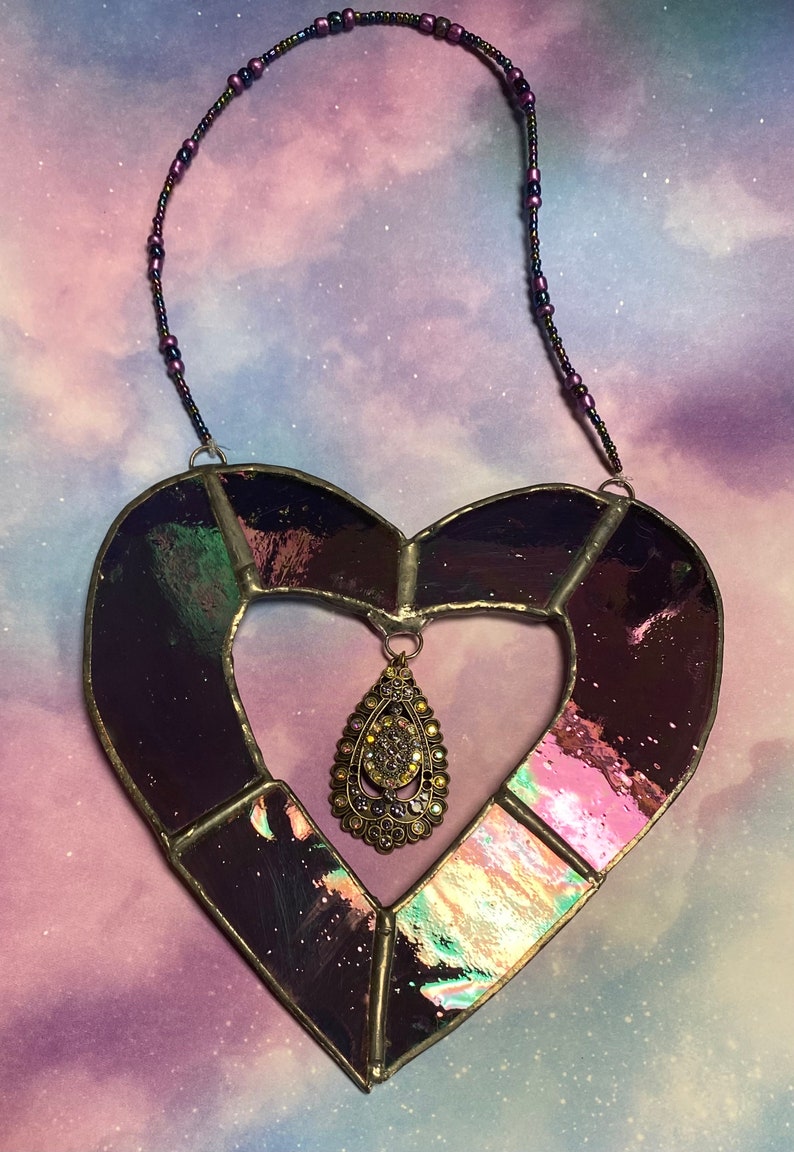 Purple Heart Stained Glass Sun Catcher With Iridescent Jeweled Metal ...