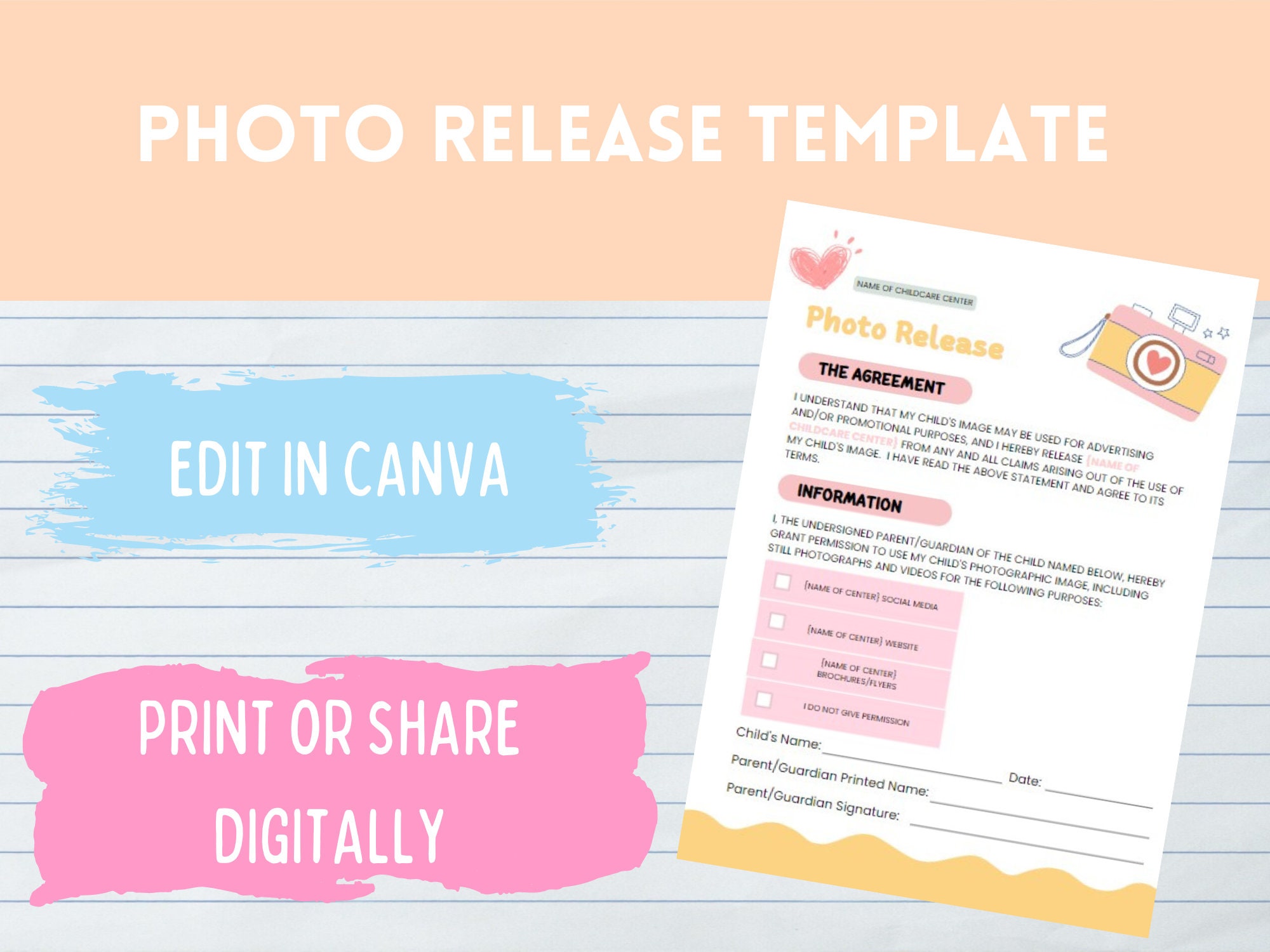 Photo Release Form for Daycare, Preschool, Child Development Center ...