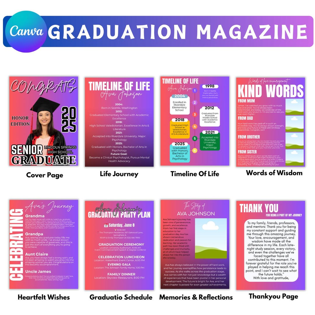 Graduation Magazine Booklet Canva Editable Template Bundle, 2025 Senior ...