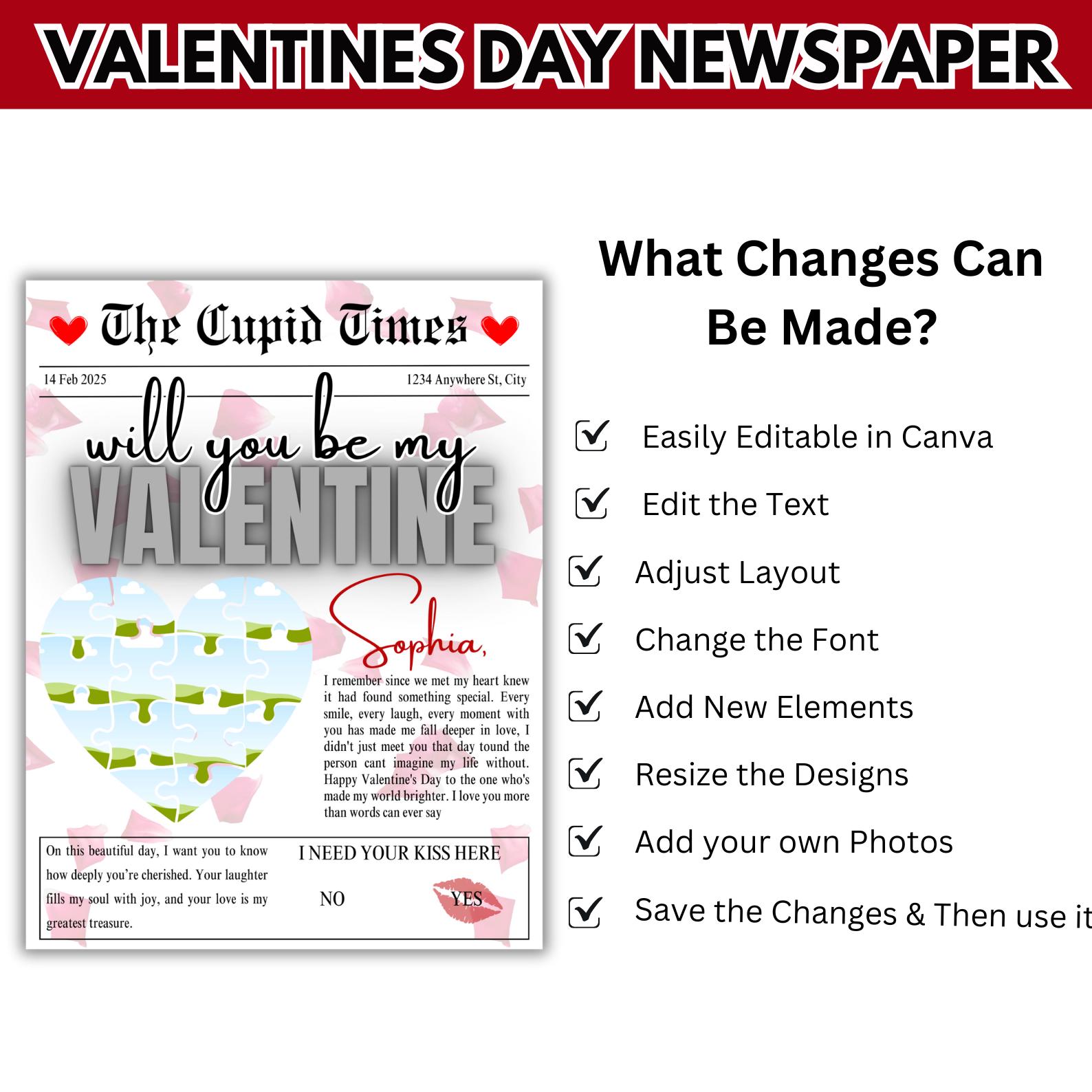 Valentines Cupid Post Newspaper Canva Editable Template, Custom ...