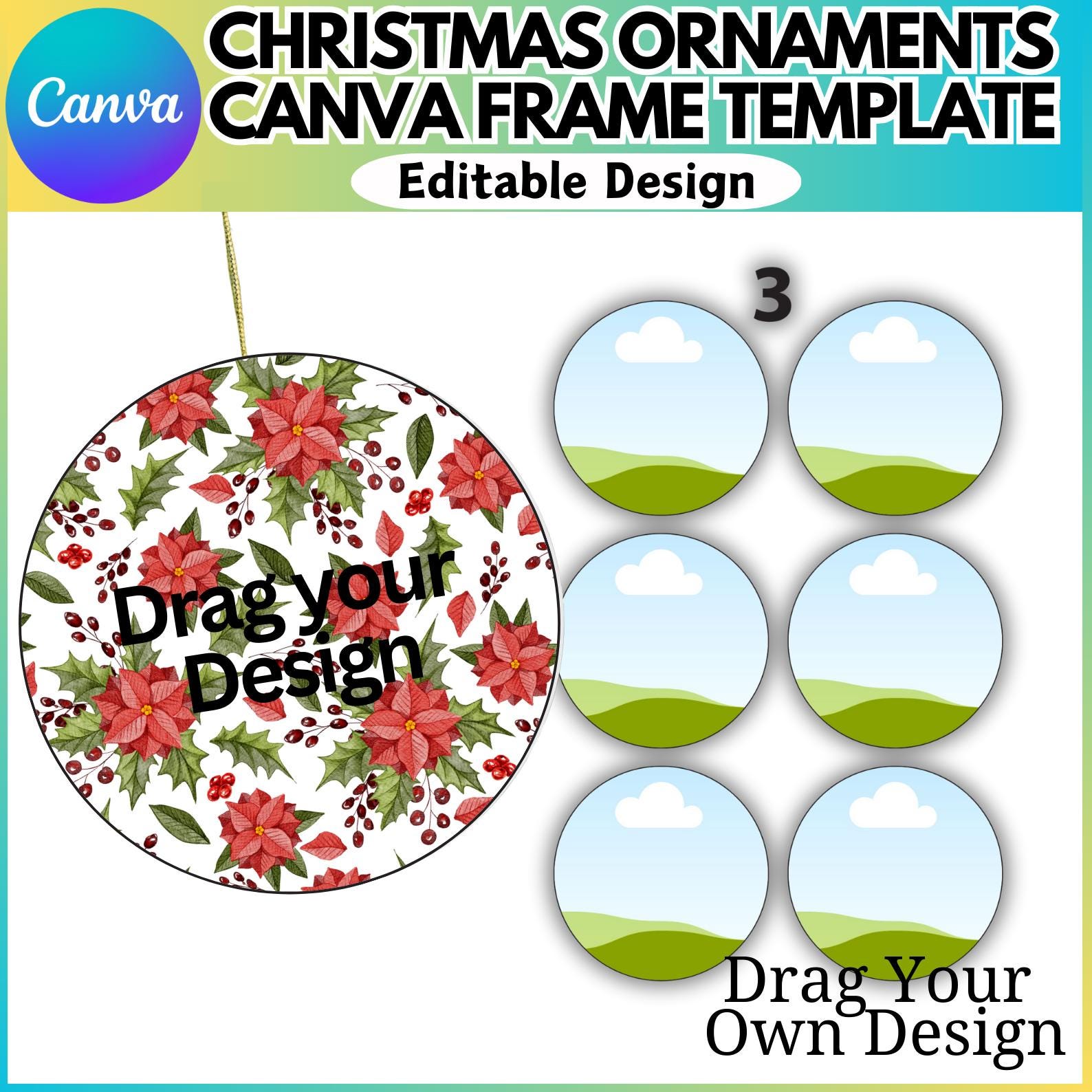 3 Inch Christmas Round Ornament Canva Editable Bundle Template , Merry ...