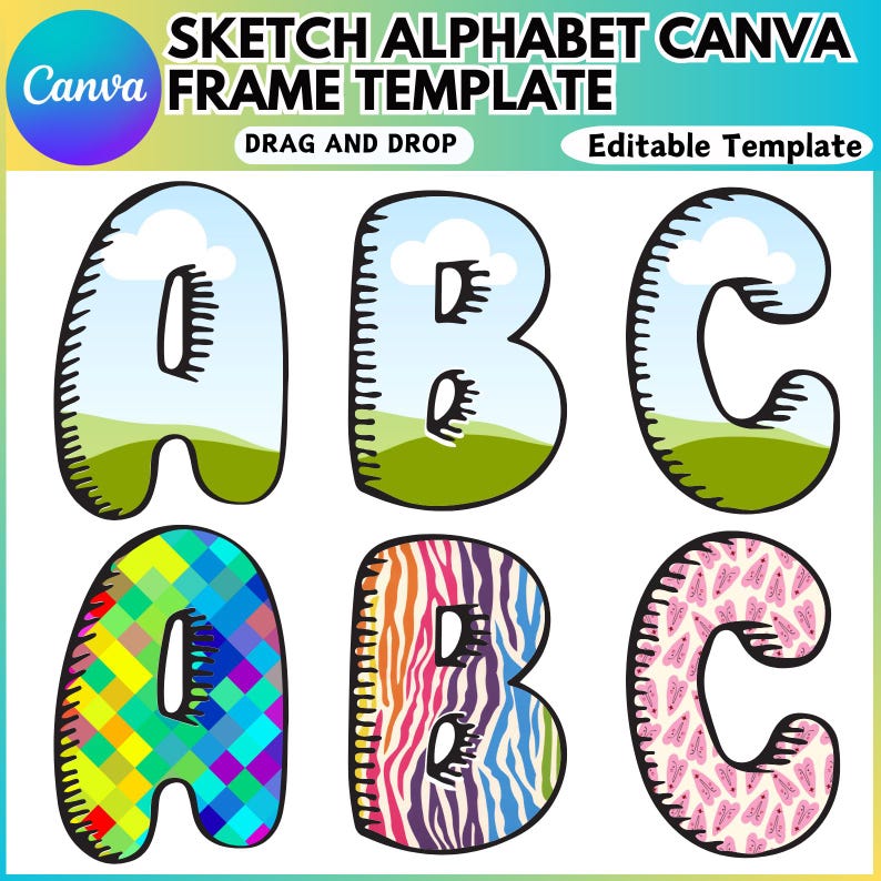 Sketch Alphabet Photo Canva Editable Template, Digital Alphabet Frame ...