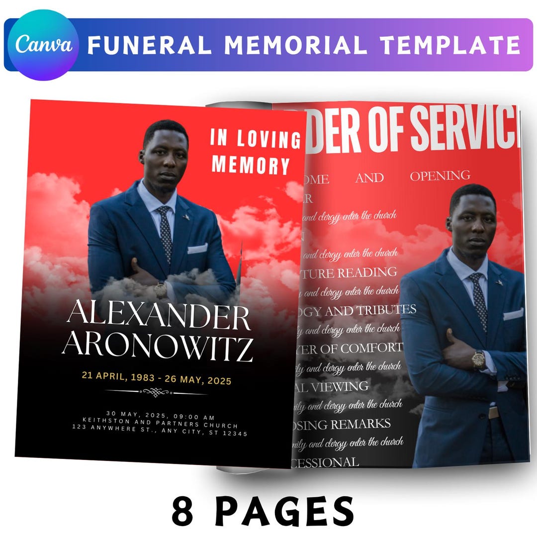 Red Funeral Program Canva Template, Obituary Design, 8 Page Editable ...