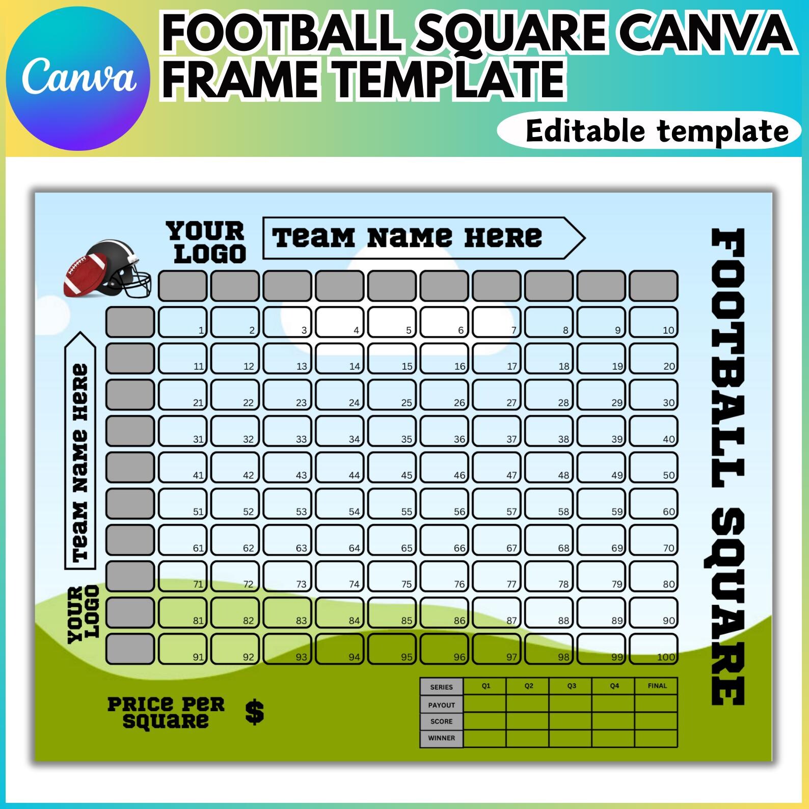 Football Squares Canva Editable Template, 100 Super Big Game Square ...