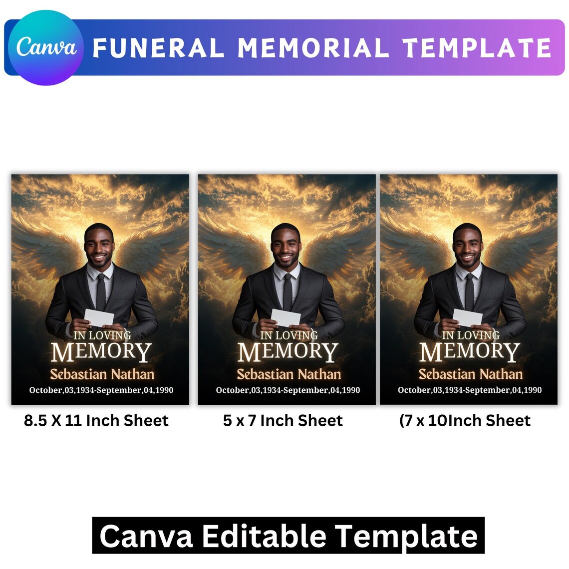 Black and Golden Funeral Program Canva Template, Obituary Design ...