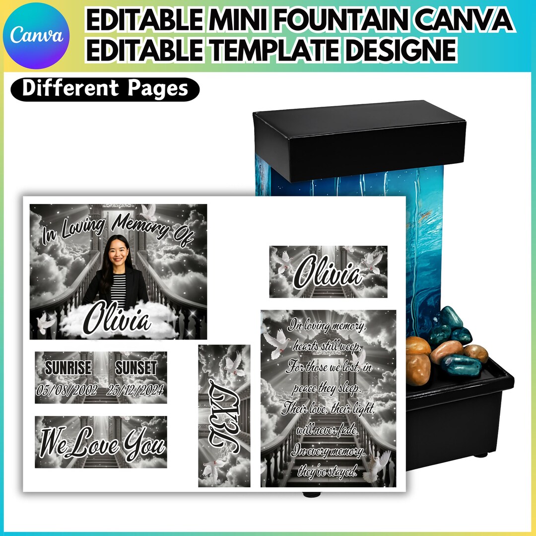 Memorial Mini Fountain Black Canva Editable Template, 6pcs Custom ...