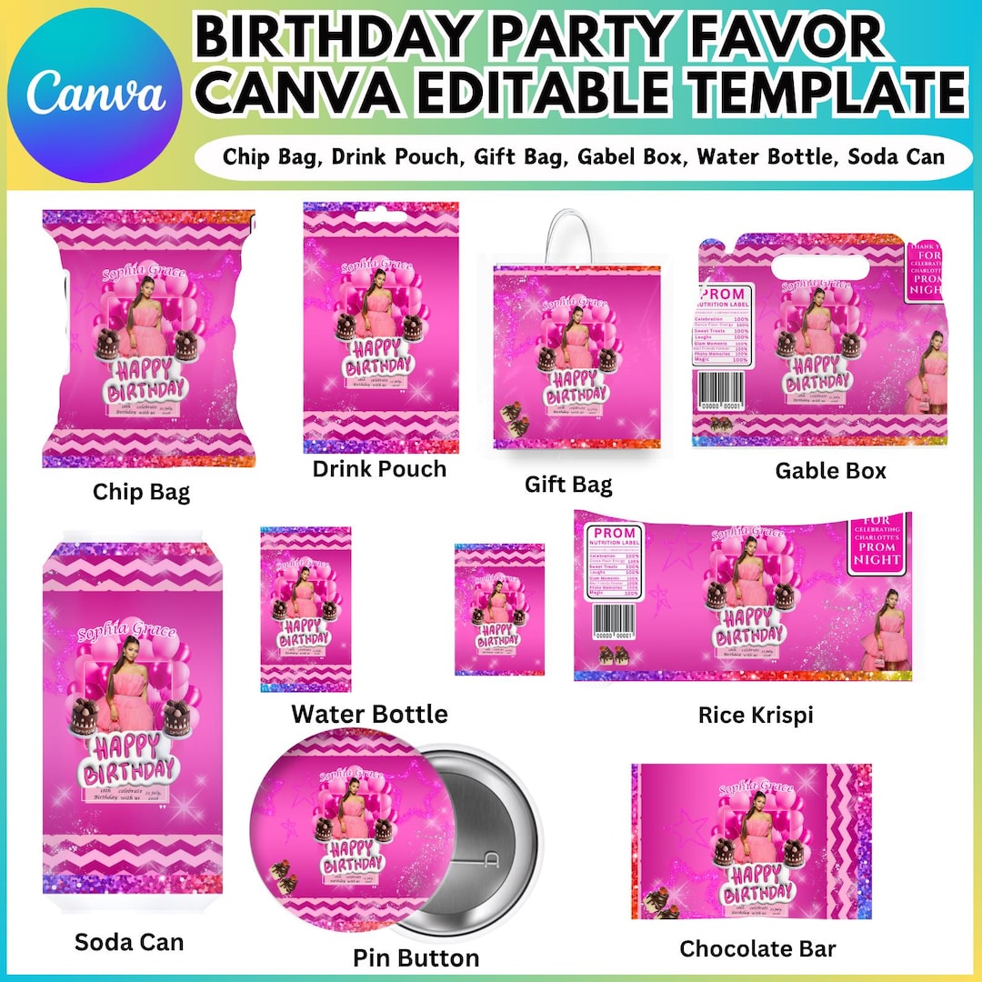 Pink Birthday Party Favor Design Bundle, Party Favor Pack, Birthday ...