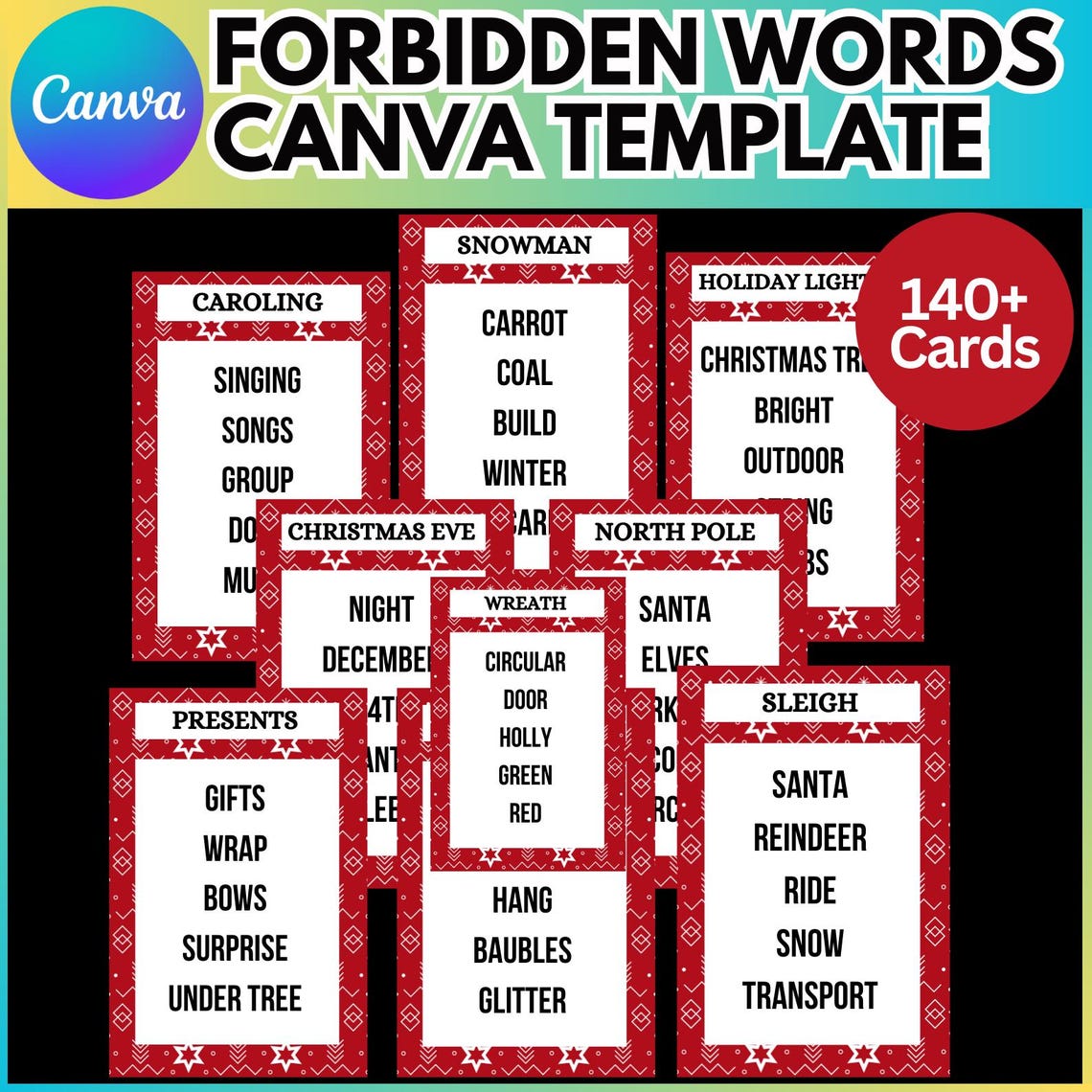 140+ Forbidden Words Cards Canva Editable Template, Christmas Party ...