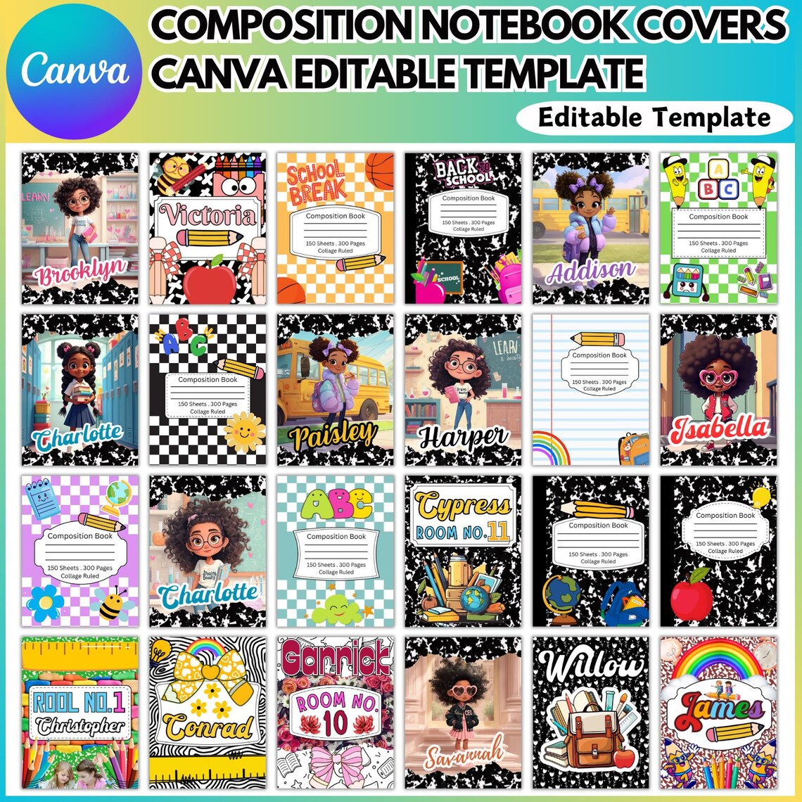 Composition Book Cover Mega Bundle, Canva Composition Notebook Design ...
