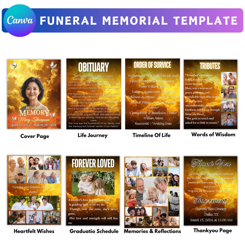 Yellow Funeral Program Canva Template, Obituary Design, Celebration of ...